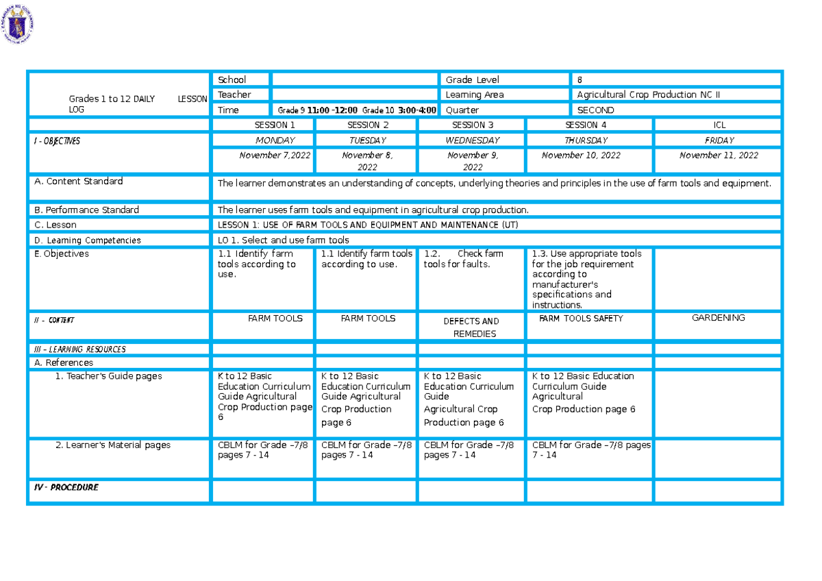 AGRICULTURE DLL SAMPLE - Grades 1 to 12 DAILY LESSON LOG School Grade ...