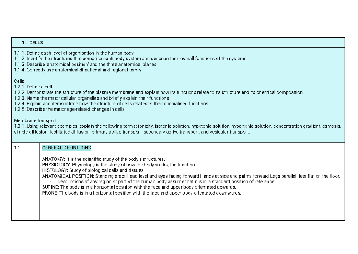 BIOL125 Notes - module work - 1. CELLS 1.1. Define each level of ...