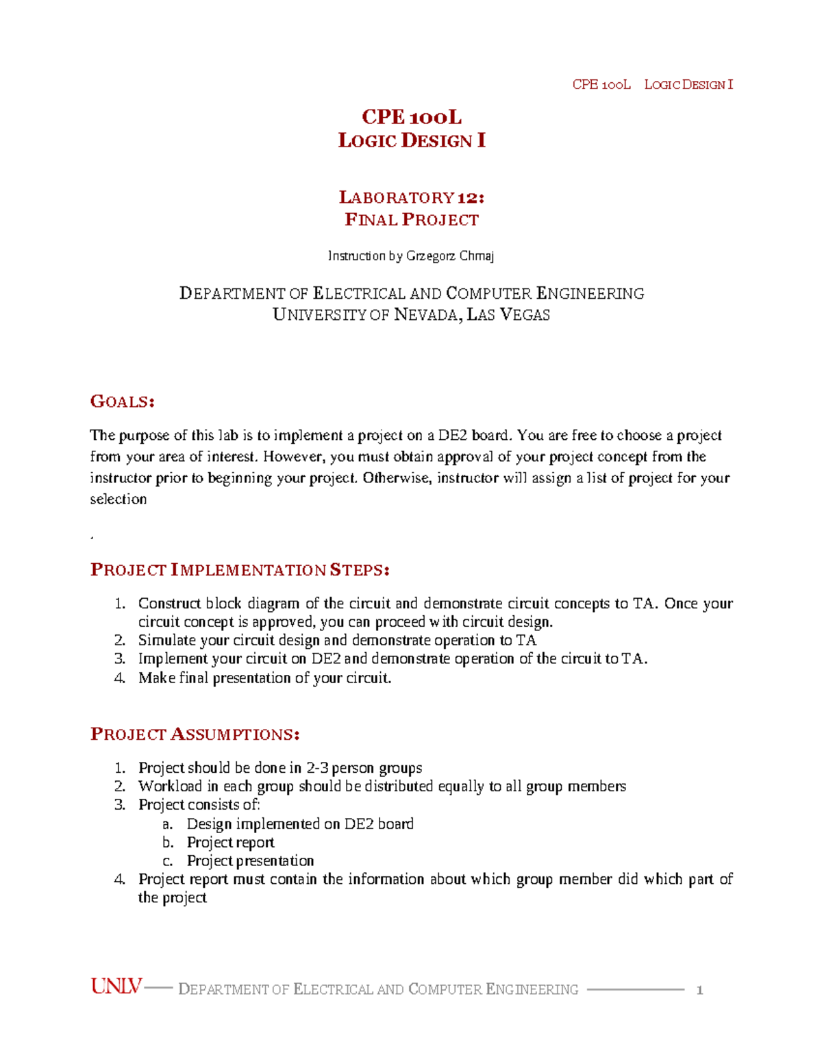 Tutorial work - 12 - CPE 10 0L LOGIC DESIGN I DEPARTMENT OF ELECTRICAL ...