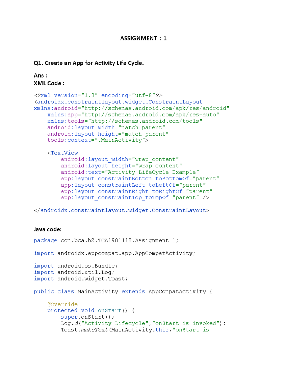 Android Assignment 2-converted - ASSIGNMENT : 1 Q1. Create an App for ...