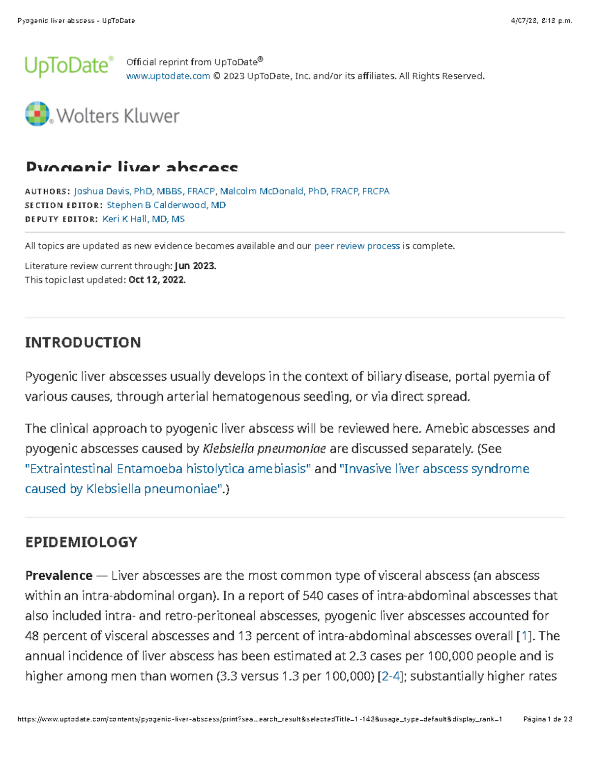 Pyogenic liver abscess - Up To Date - - Studocu