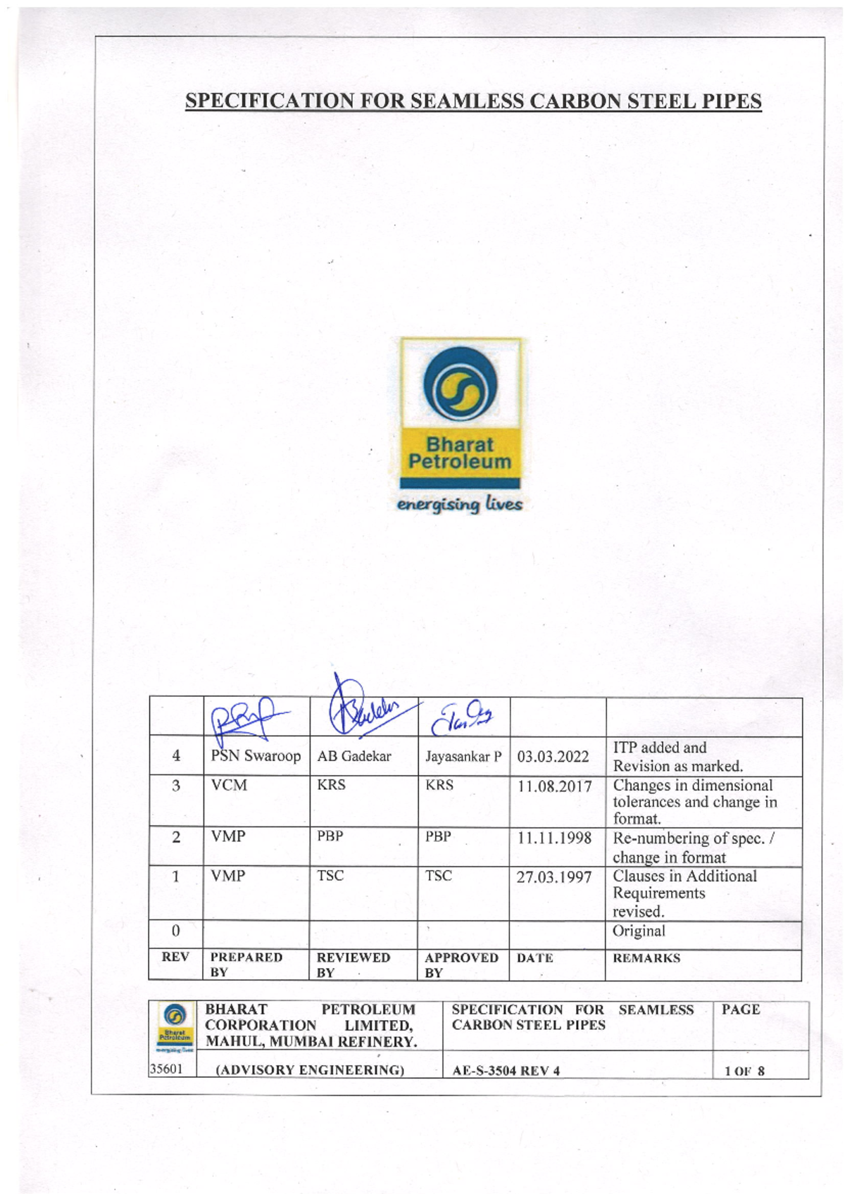AES 3504 Rev.4 Seamless CS Pipe - BHARAT PETROLEUM CORPORATION LIMITED ...