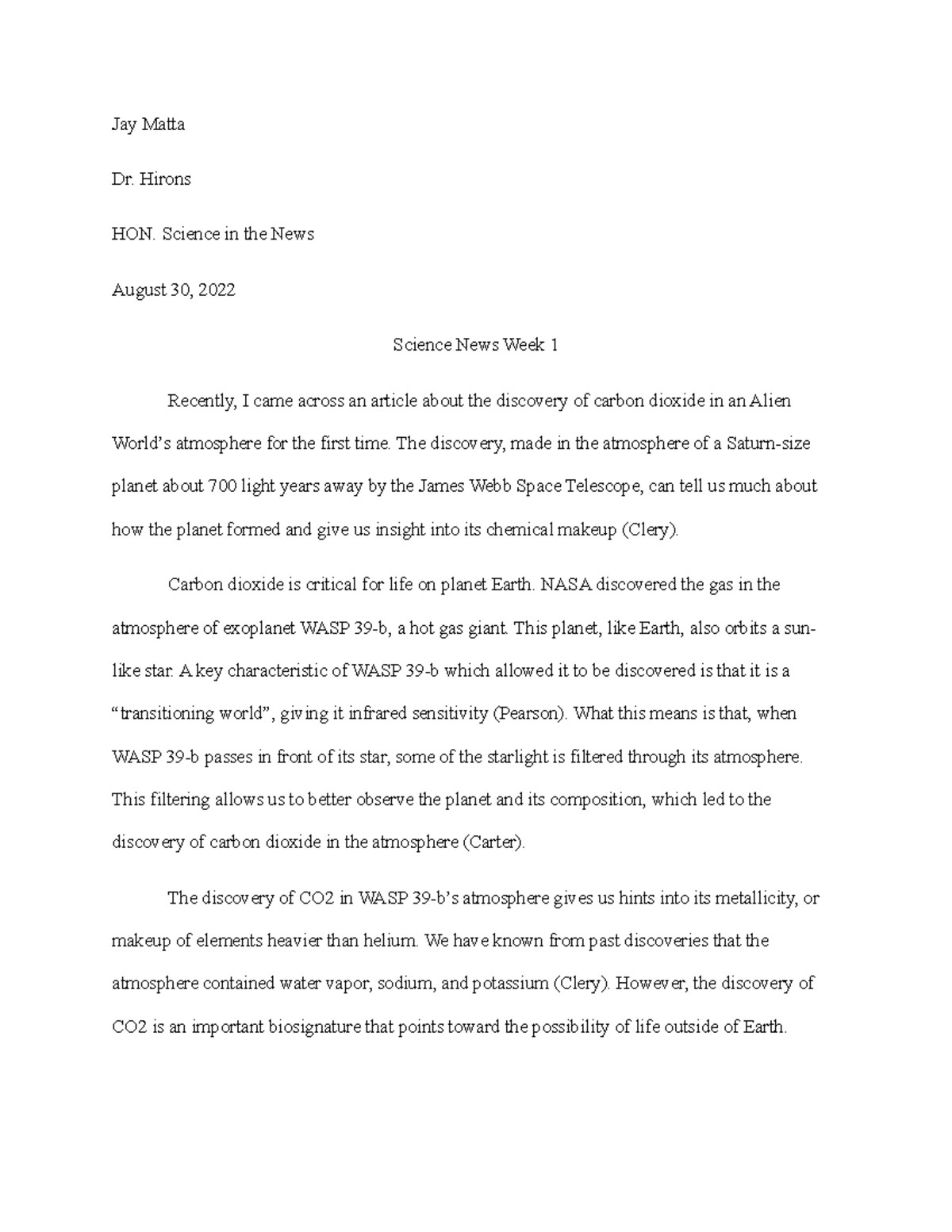 Science News week 1 - Jay Matta Dr. Hirons HON. Science in the News ...