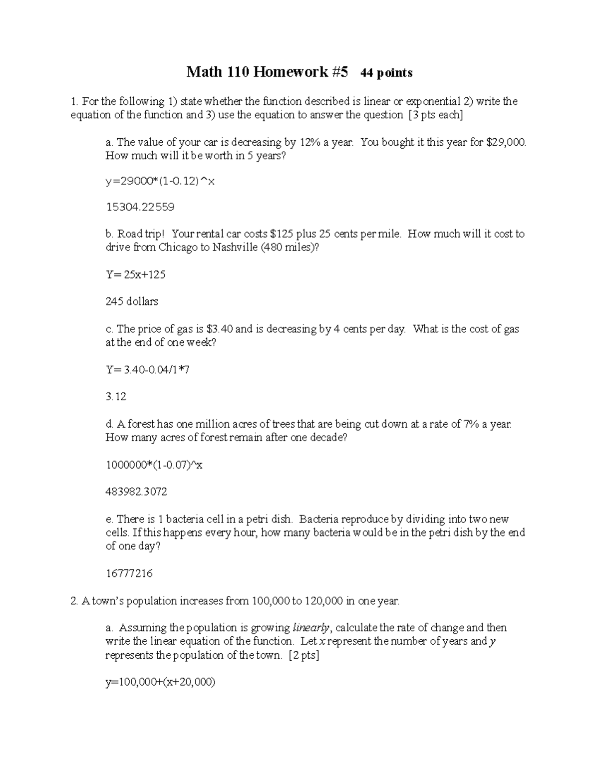 Homework 5 Exponential - Math 110 Homework #5 44 points For the ...