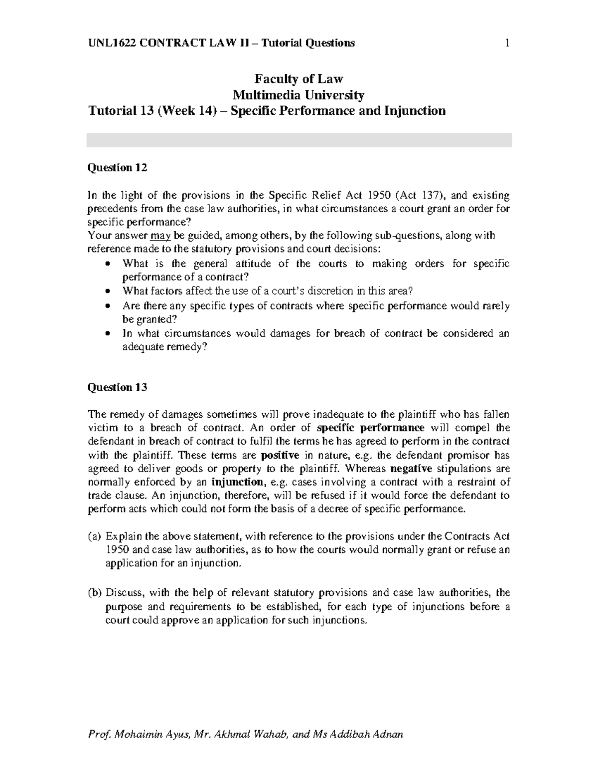 2022 Contract II - Tutorial 13 (Week 14) - UNL1622 CONTRACT LAW II ...