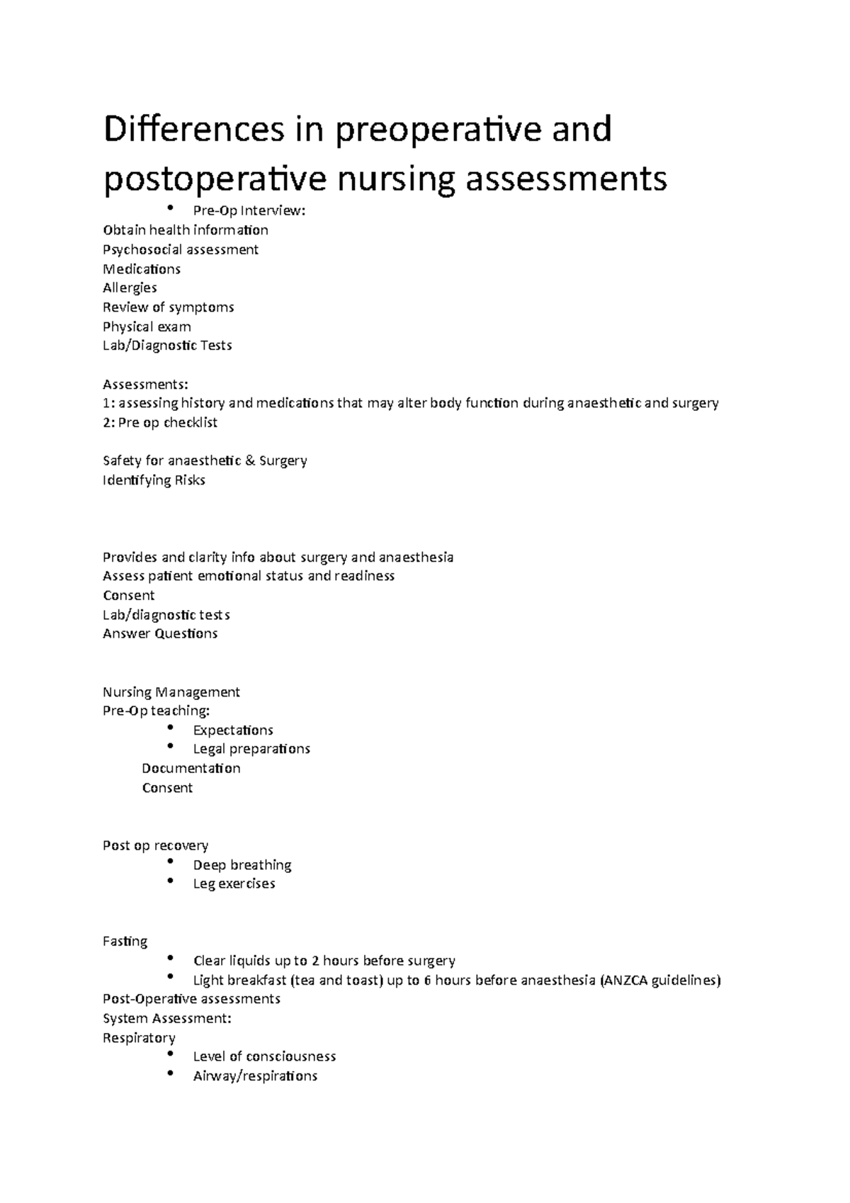 Differences in preoperative and postoperative nursing assessments - Studocu