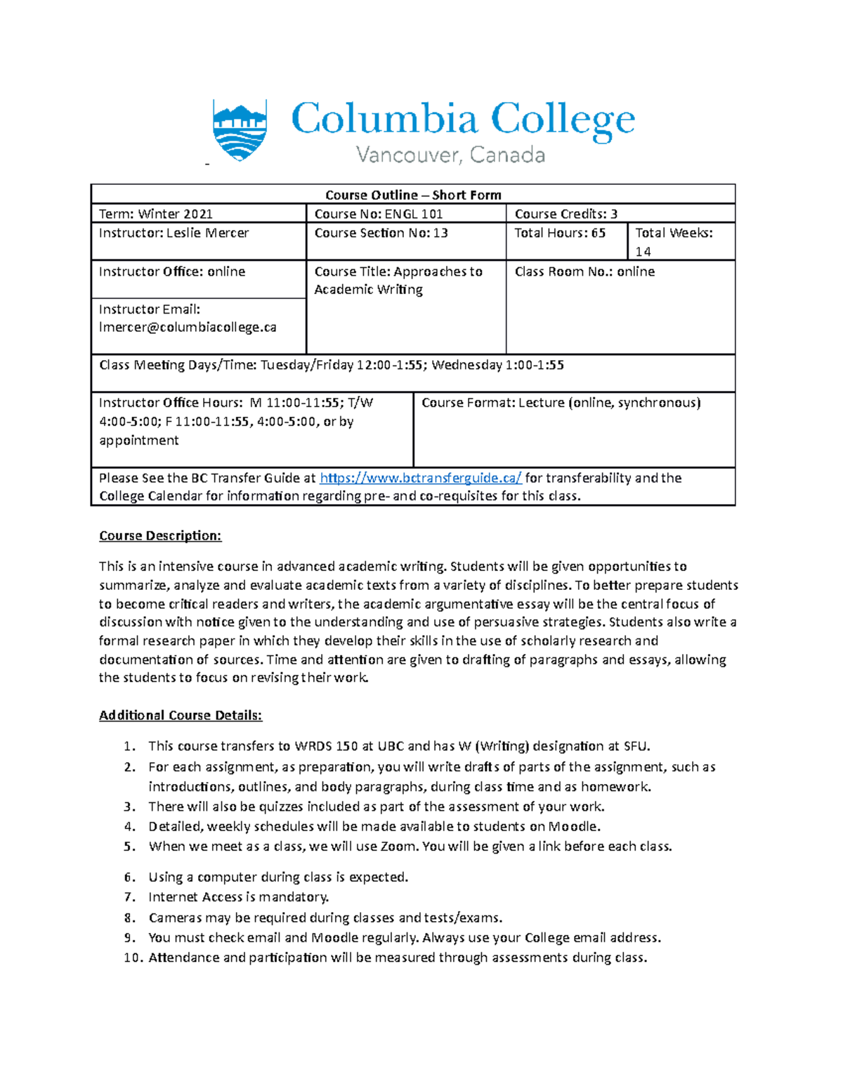 Eng 101 Winter 2021 course outline for student - Course Outline – Short ...