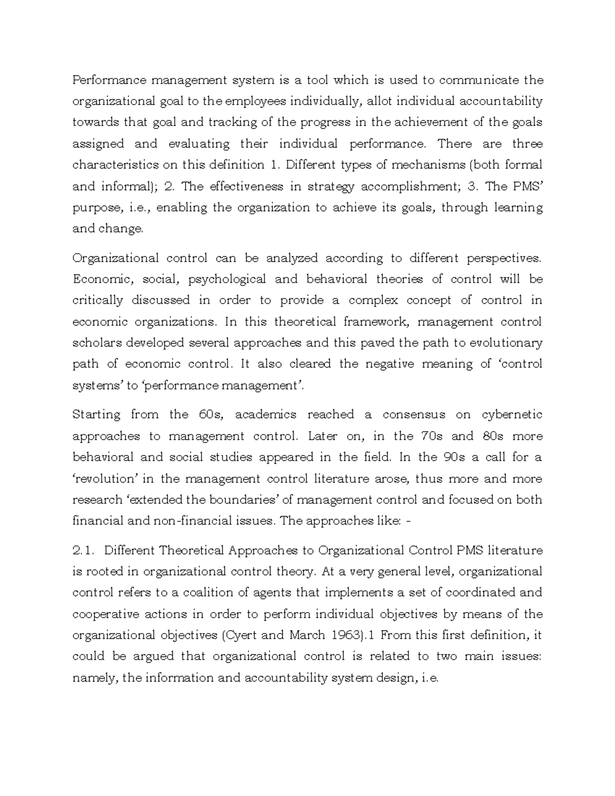 Assignemnt on Organizational control - Performance management system is ...