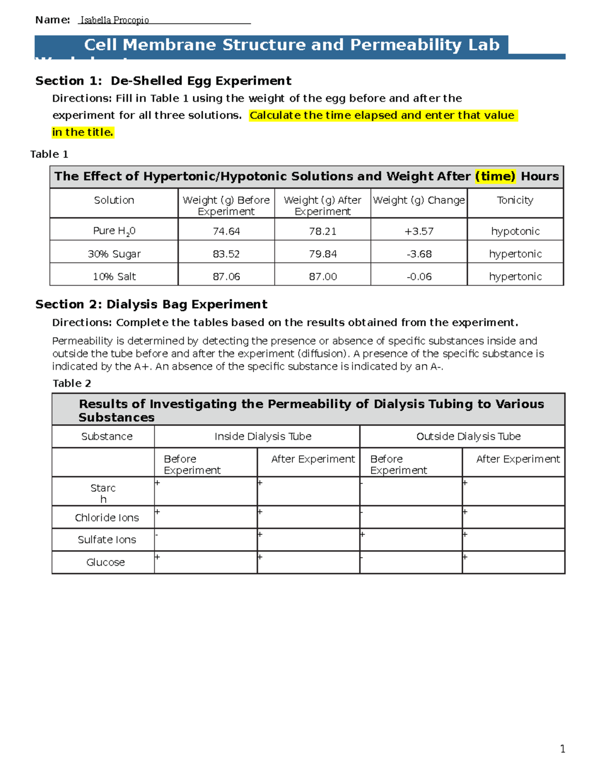 Cell Membrane lab worksheet - Section 1: De-Shelled Egg Experiment ...