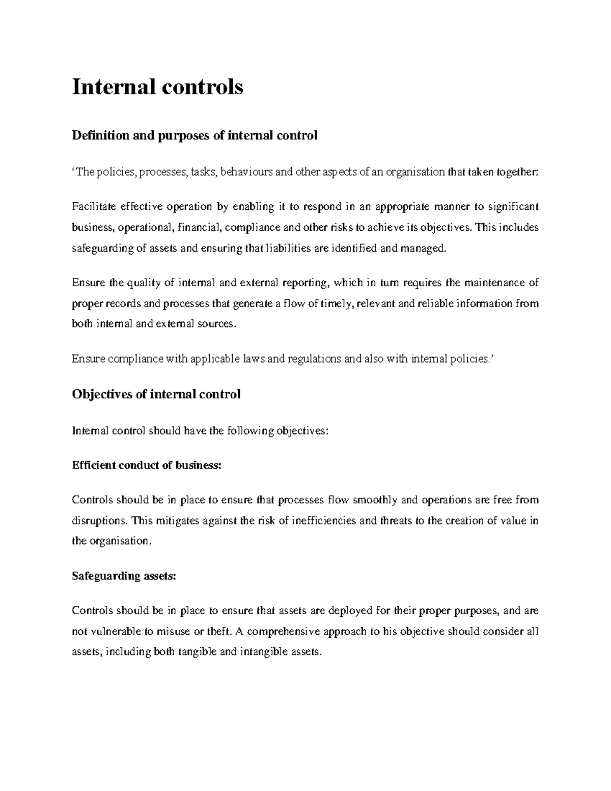 Internal Controls - Internal controls Definition and purposes of ...