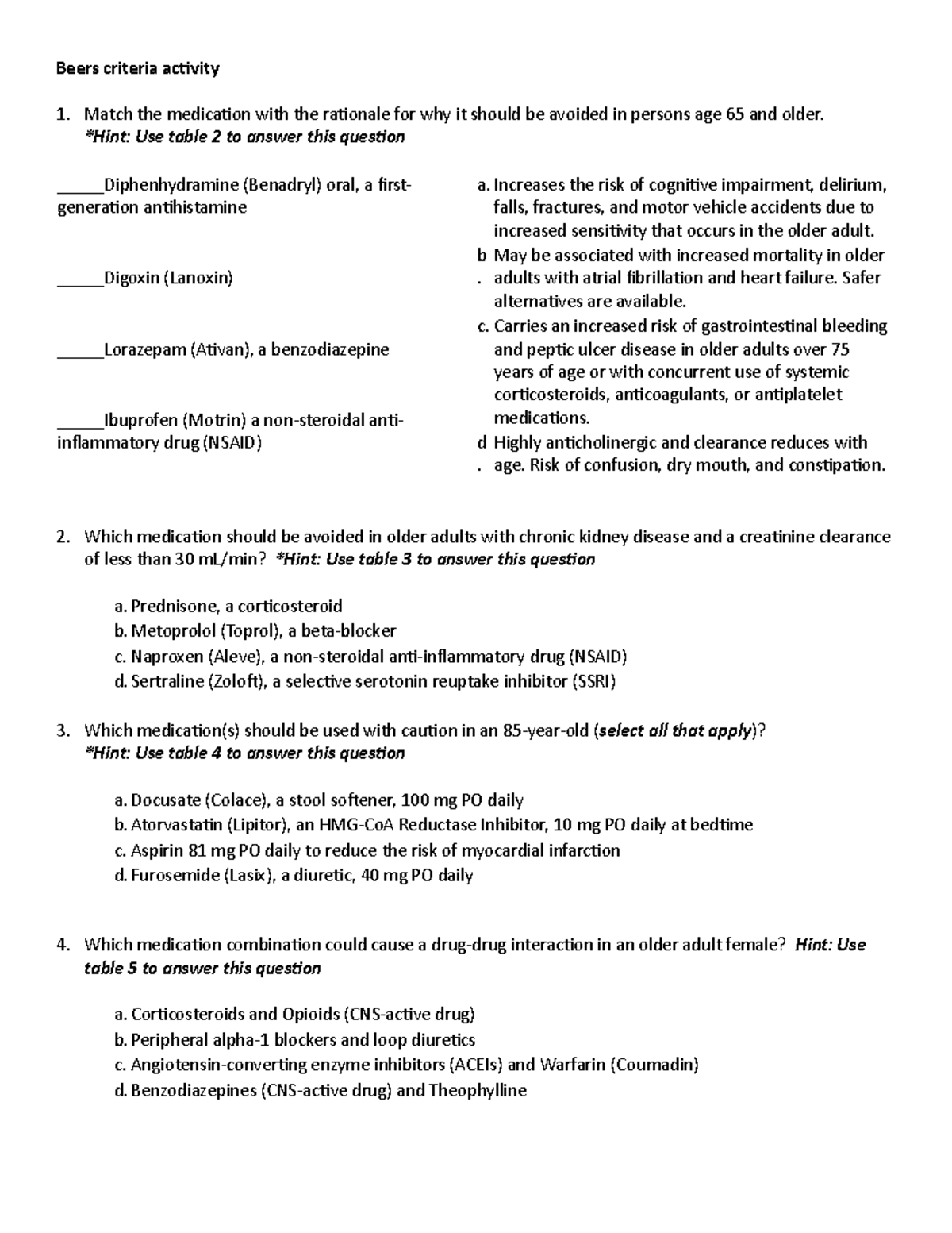 Beers Criteria Activity Revised Update 2020 Beers Criteria Activity