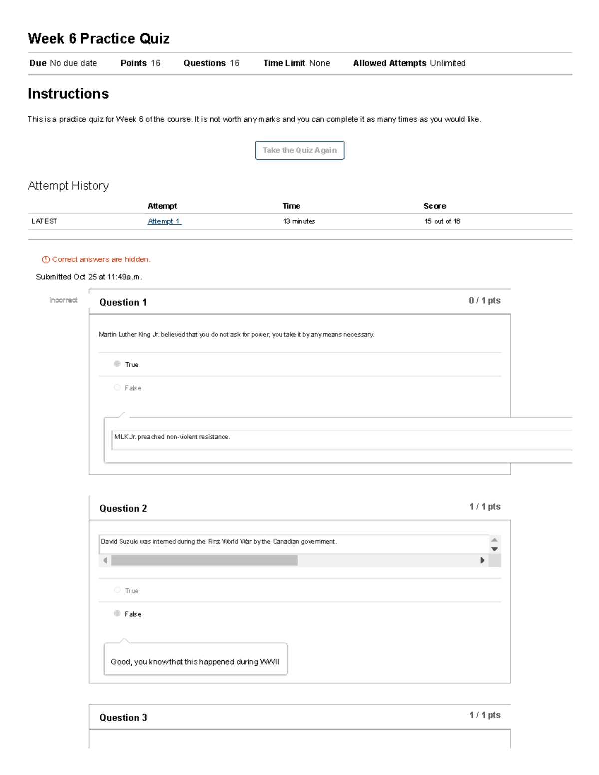 Week 6 Practice Quiz - Reading Our World - Week 6 Practice Quiz Due No due date Points 16 ...