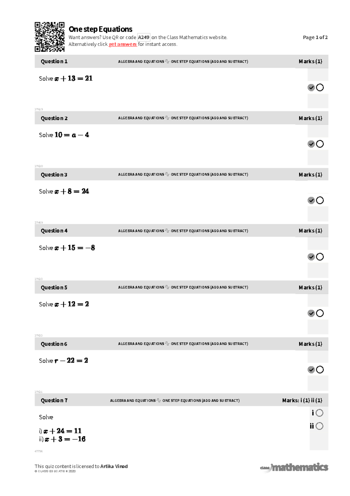 One step Equations Year 7 - One step Equations Question 1 ALGEBRA AND ...