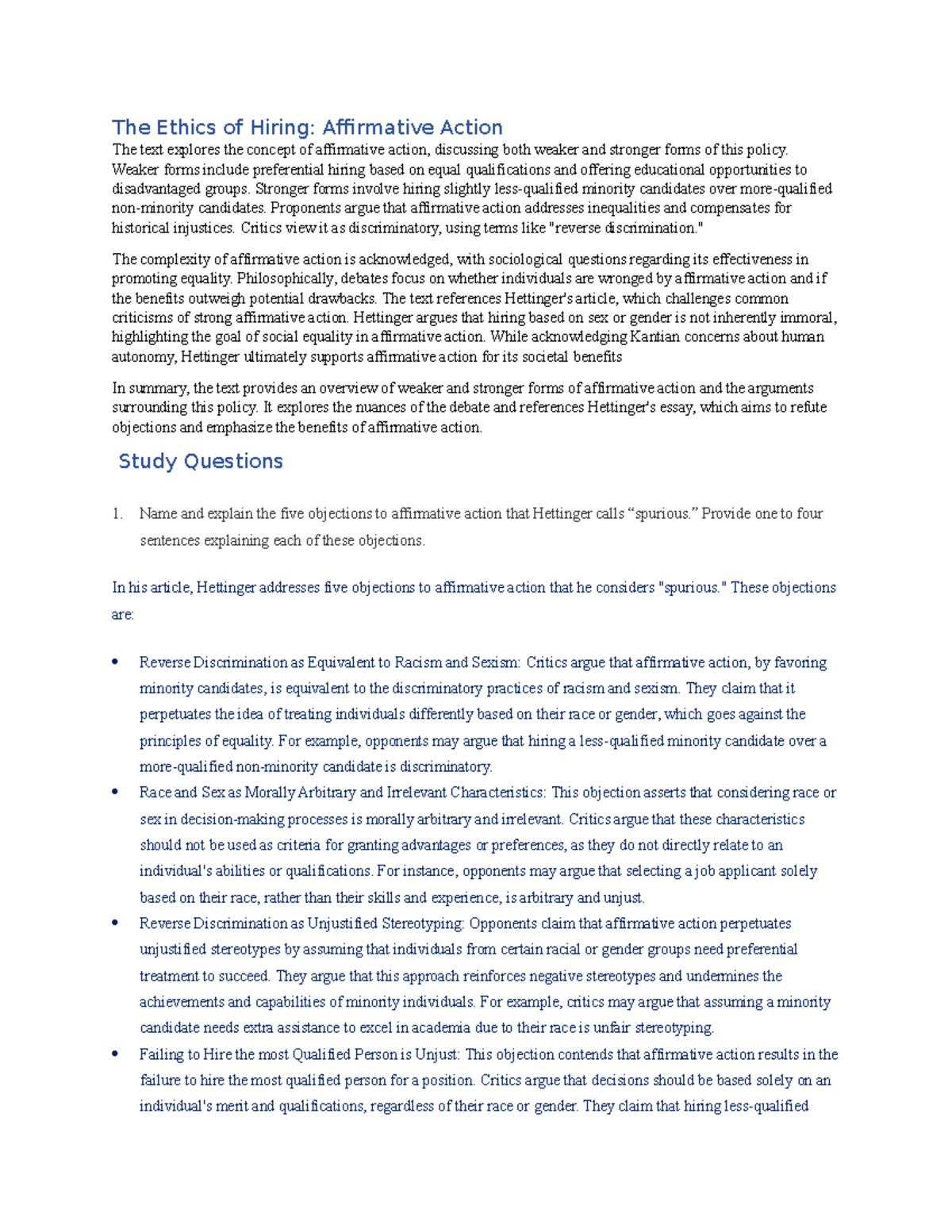 Unit 5 - Lecture - The Ethics of Hiring: Affirmative Action The text ...