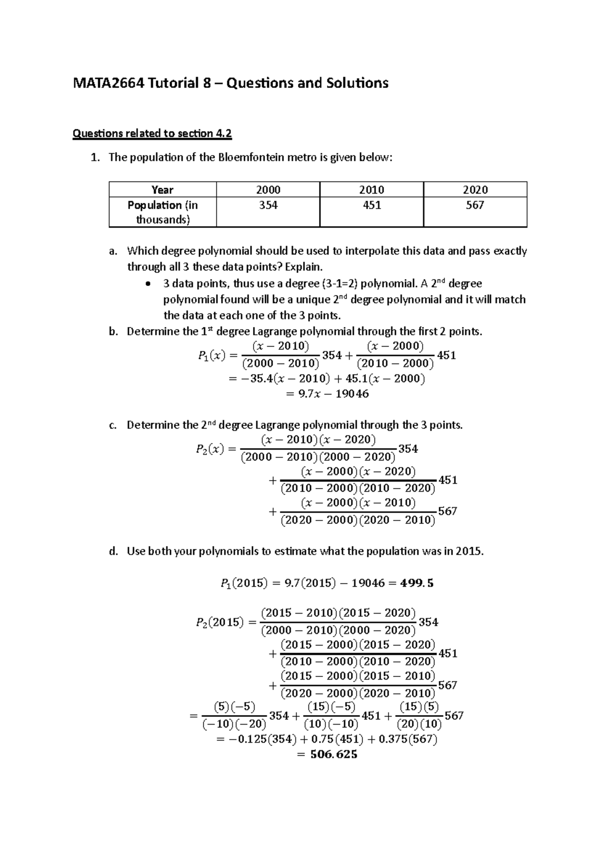MATA2664 Tutorial 8 - Questions and Solutions - MATA2664 Tutorial 8 ...