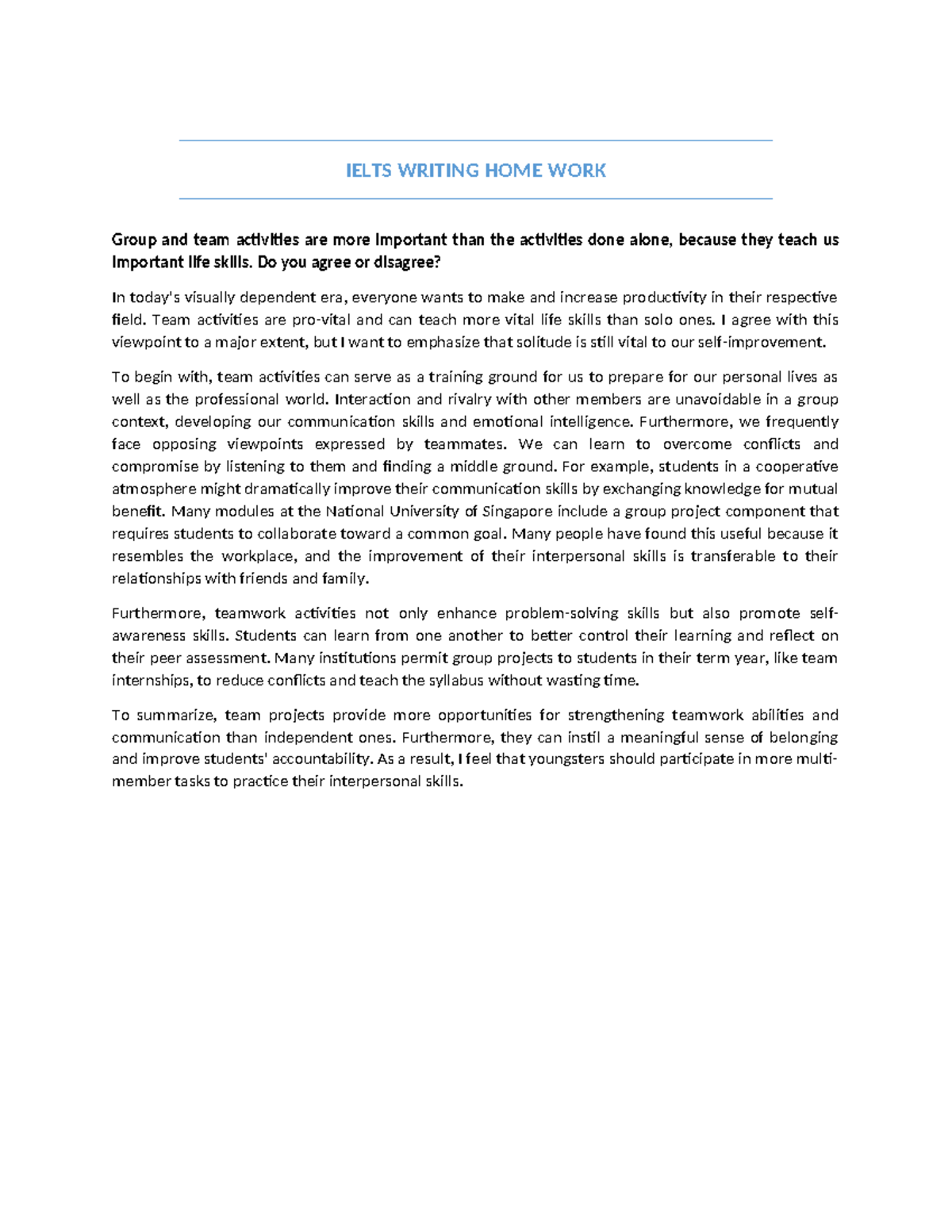 Writing homework - IELTS WRITING HOME WORK Group and team activities ...