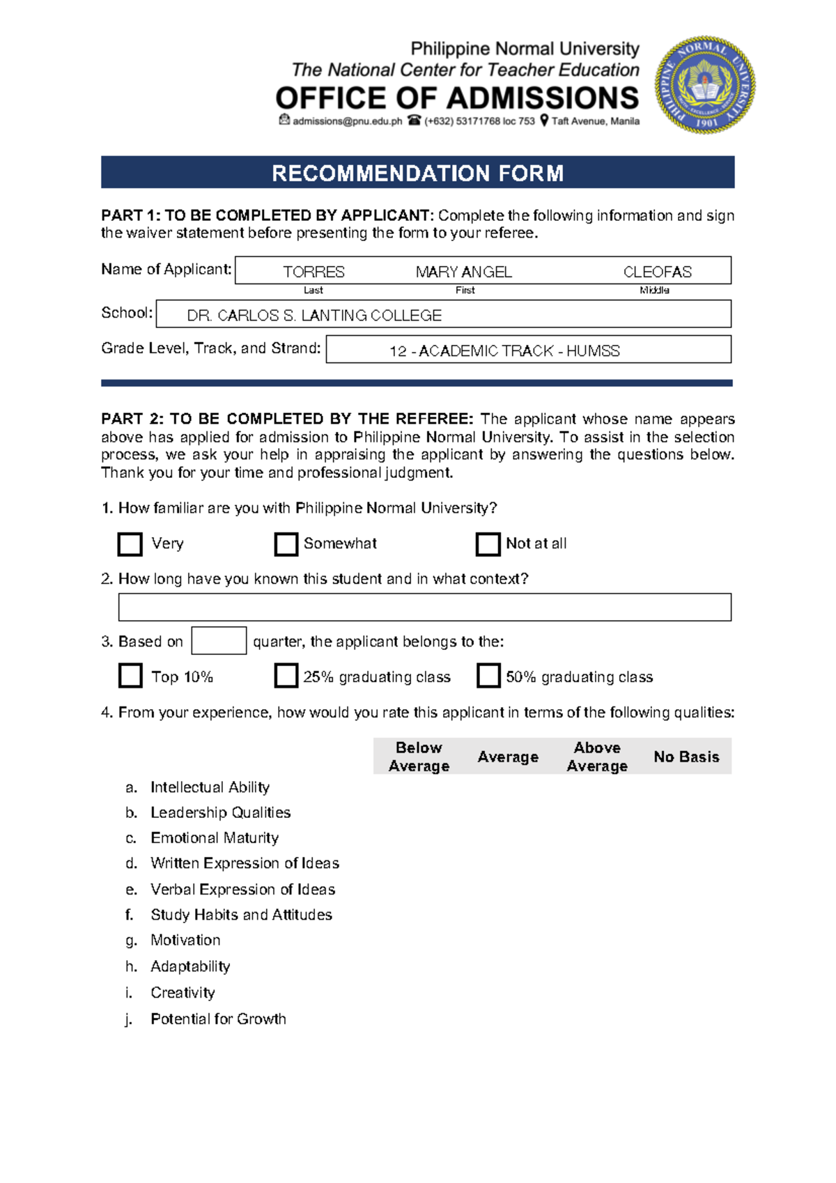 PNU- Recommendation-FORM - RECOMMENDATION FORM PART 1: TO BE COMPLETED ...