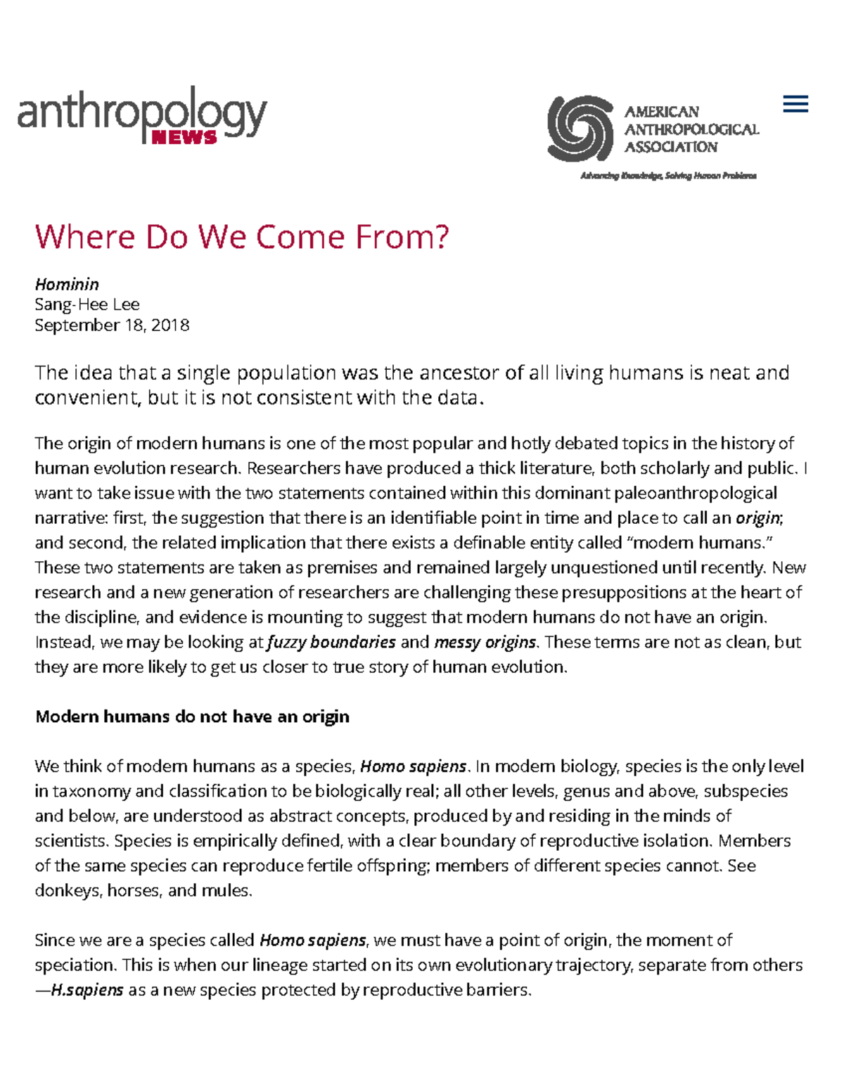 Anthropology News - 2019 - Lee - Where Do We Come From - Where Do We ...