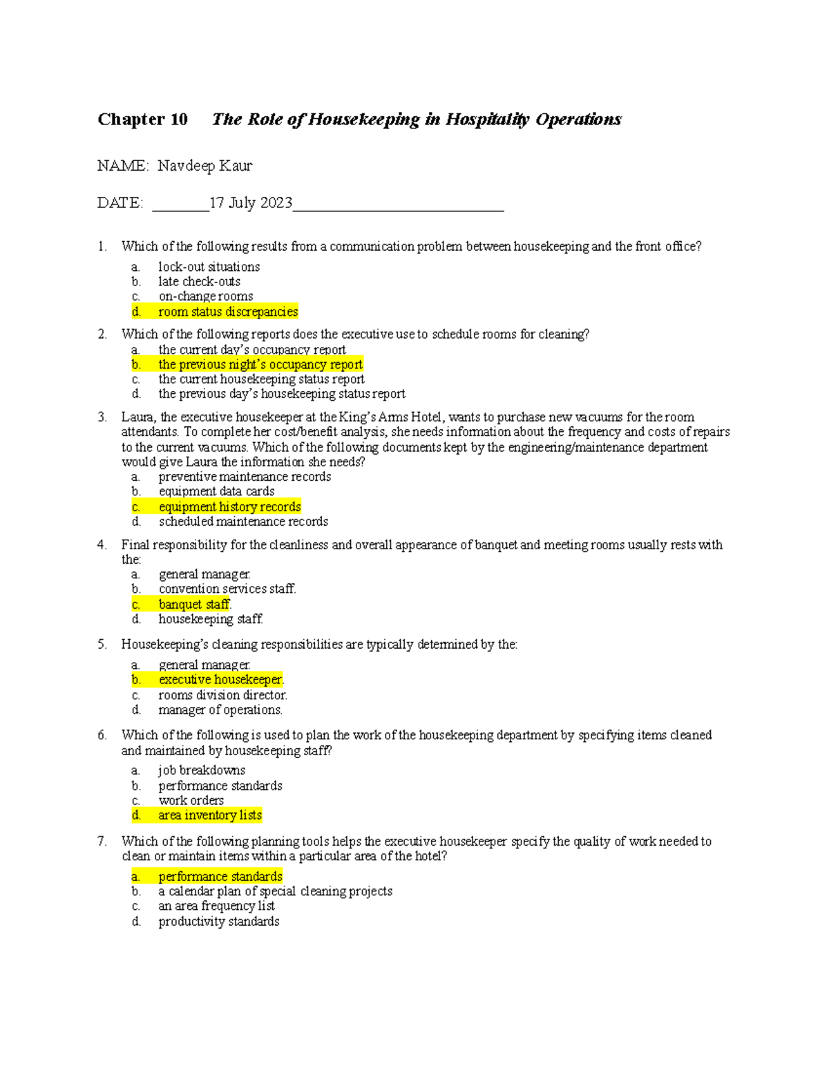 Front Off Quiz Document - Chapter 10 The Role of Housekeeping in ...