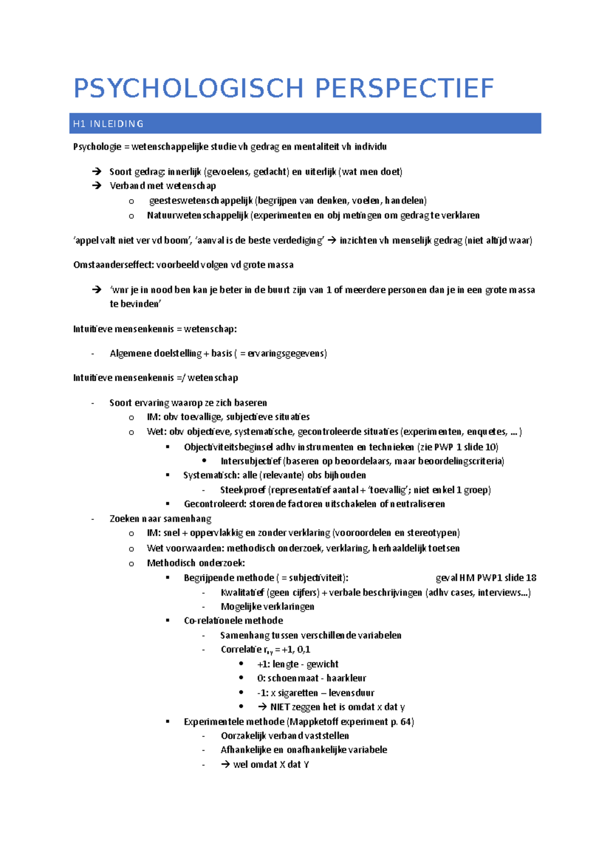 Psychologisch perspectief - PSYCHOLOGISCH PERSPECTIEF H1 INLEIDING ...