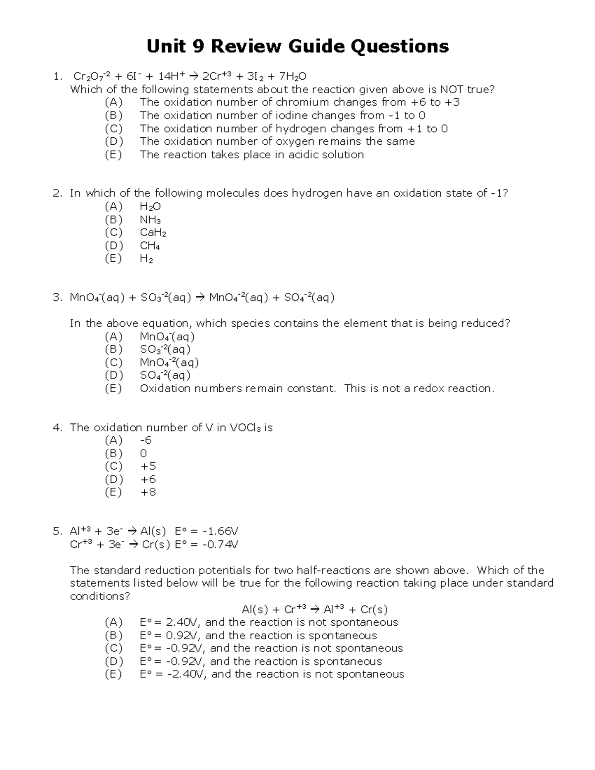 Apchem Review Guide - Unit 9 Review Guide Questions Cr 2 O7-2 + 6I ...