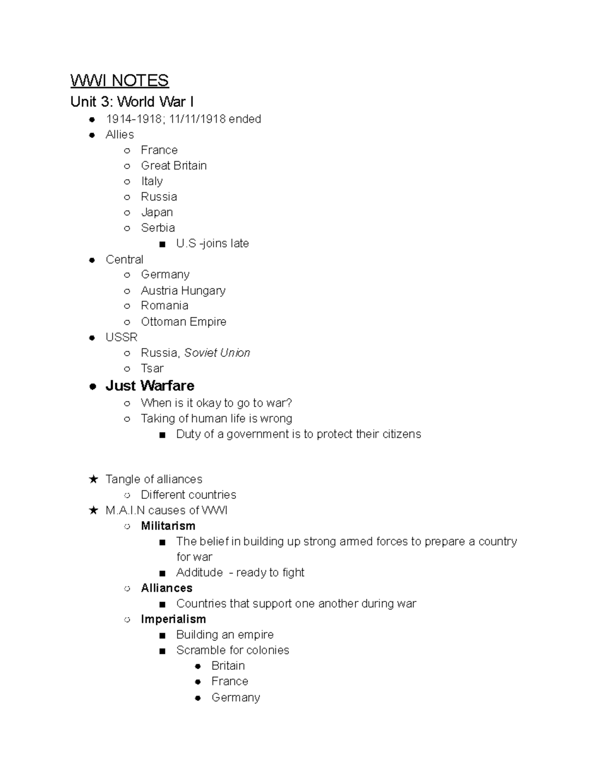 Unit 3 ww1 notes - WWI NOTES Unit 3: World War I 1914-1918; 11/11/1918 ...