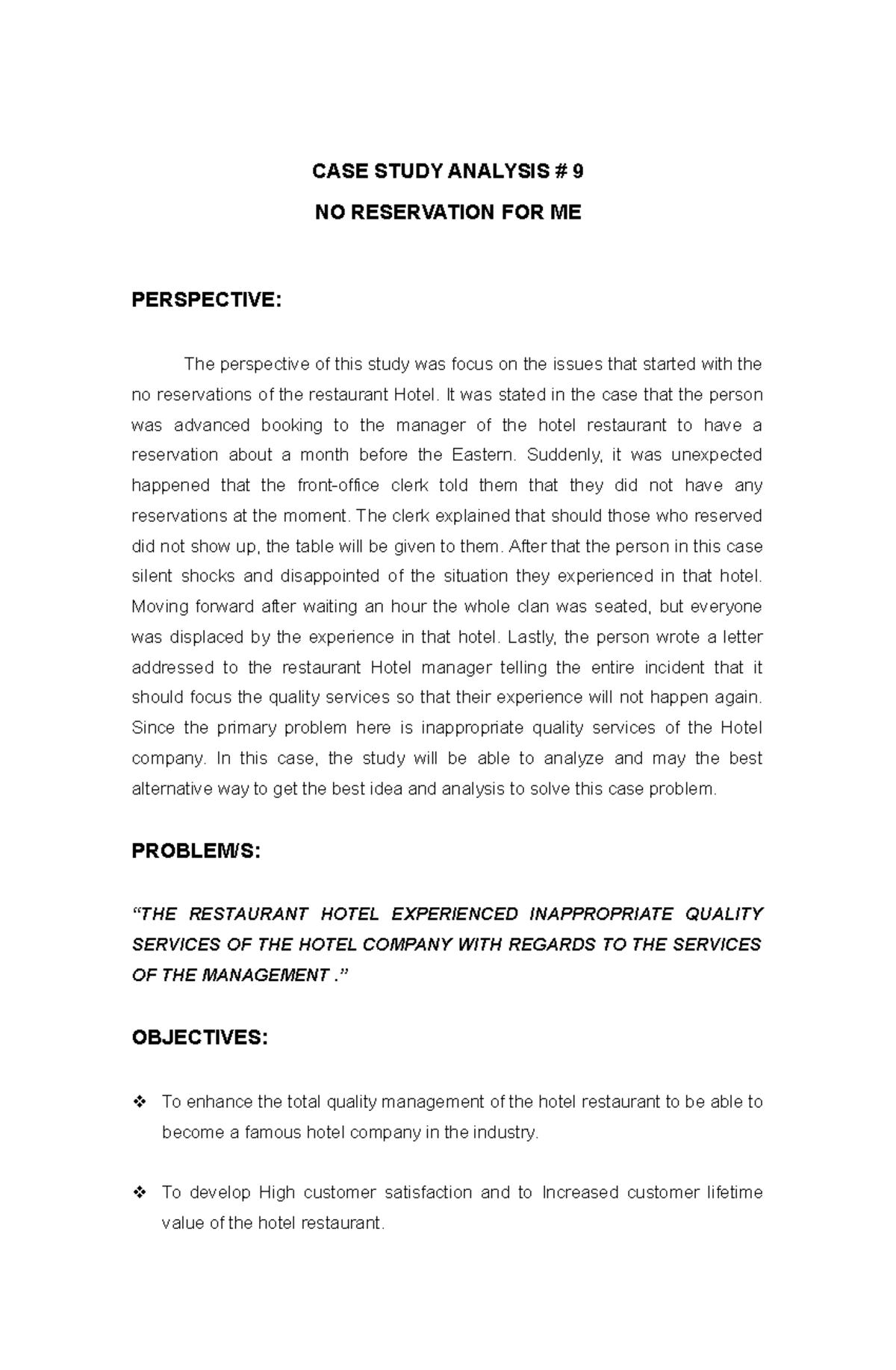 CASE- Study Analysis -NO Reservation FOR ME - CASE STUDY ANALYSIS # 9 ...