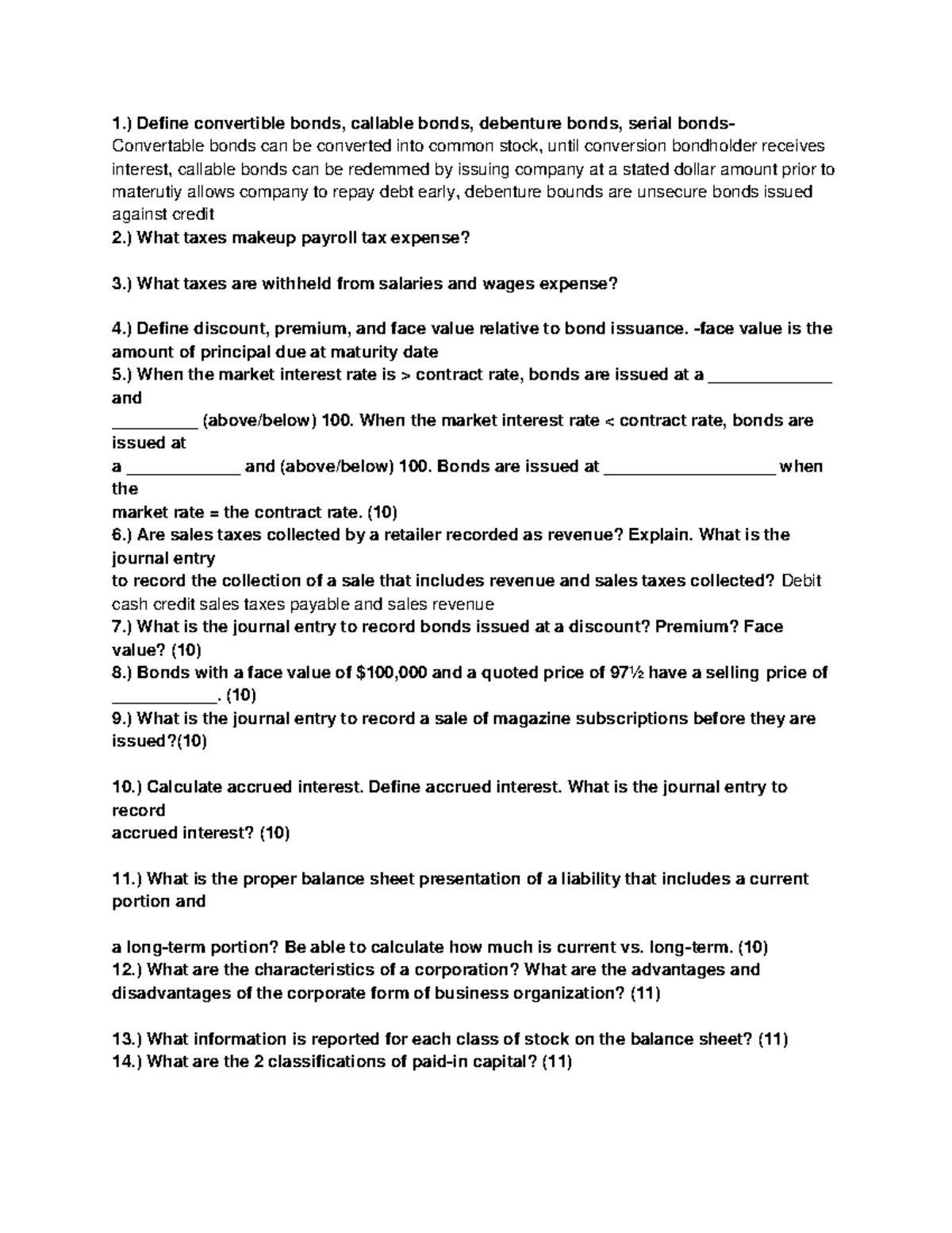 1 - Yur - 1.) Define convertible bonds, callable bonds, debenture bonds ...