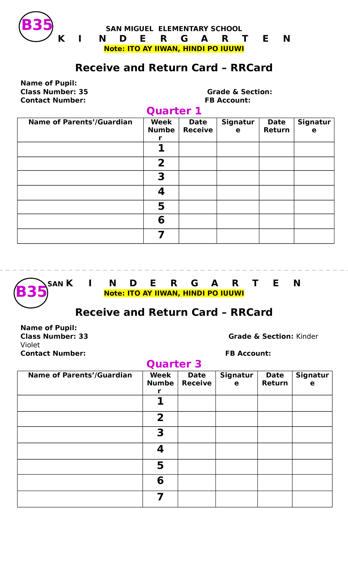 RECEIVE AND RETURN CARD - SAN MIGUEL ELEMENTARY SCHOOL K I N D E R G A ...