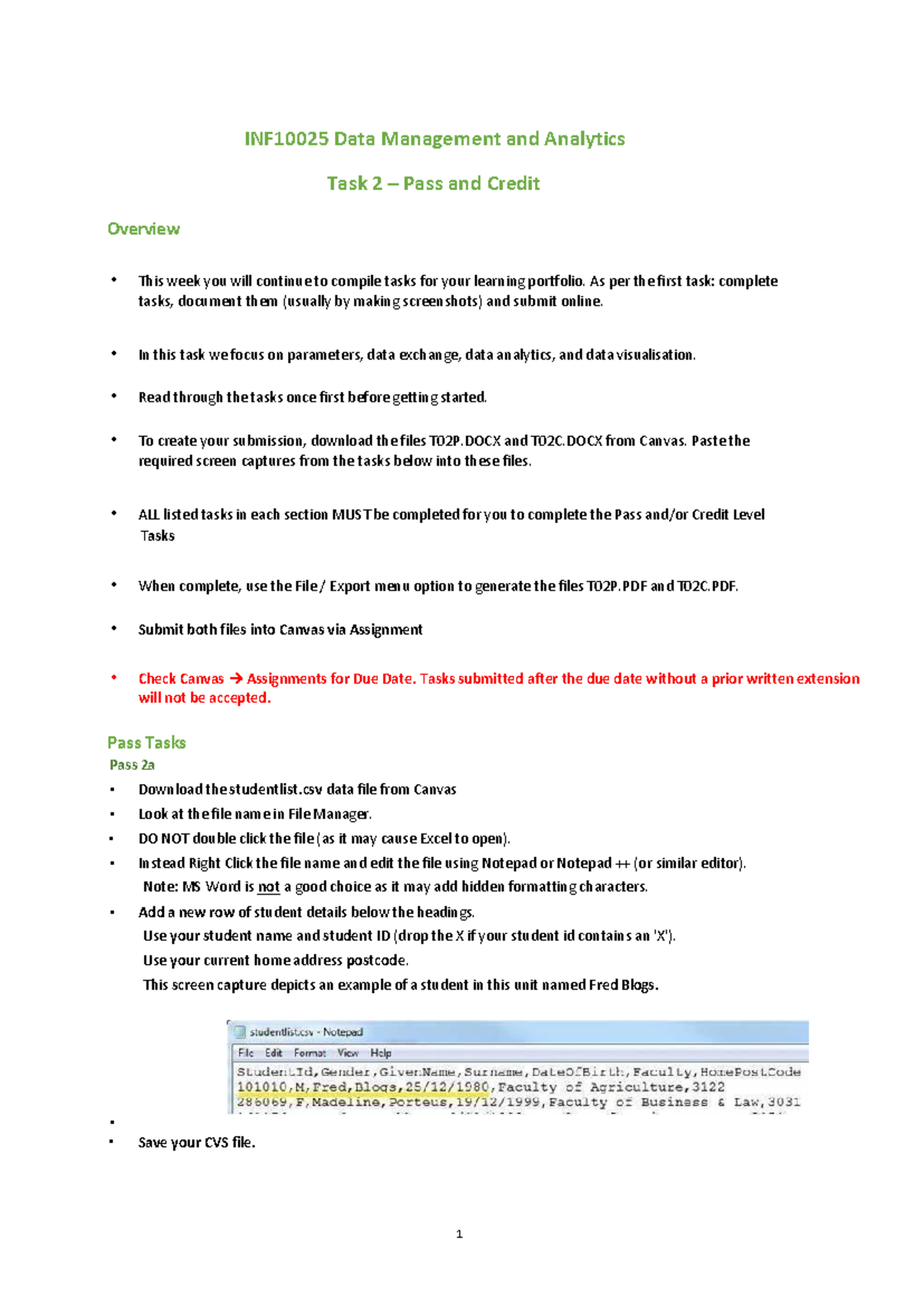 INF10025 Tasks 02 - Task Description. - INF10025 Data Management and Analytics Task 2 – Pass and ...