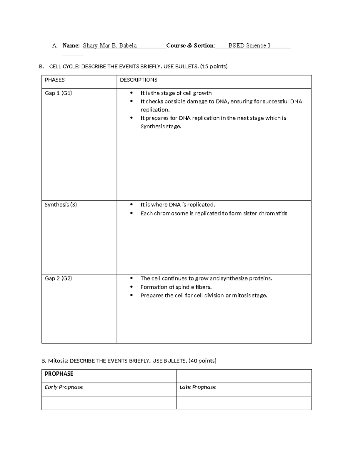 QUIZ-CELL Cycle, Mitosi, Meiosis - A. Name: Shary Mar B. Babela Course ...