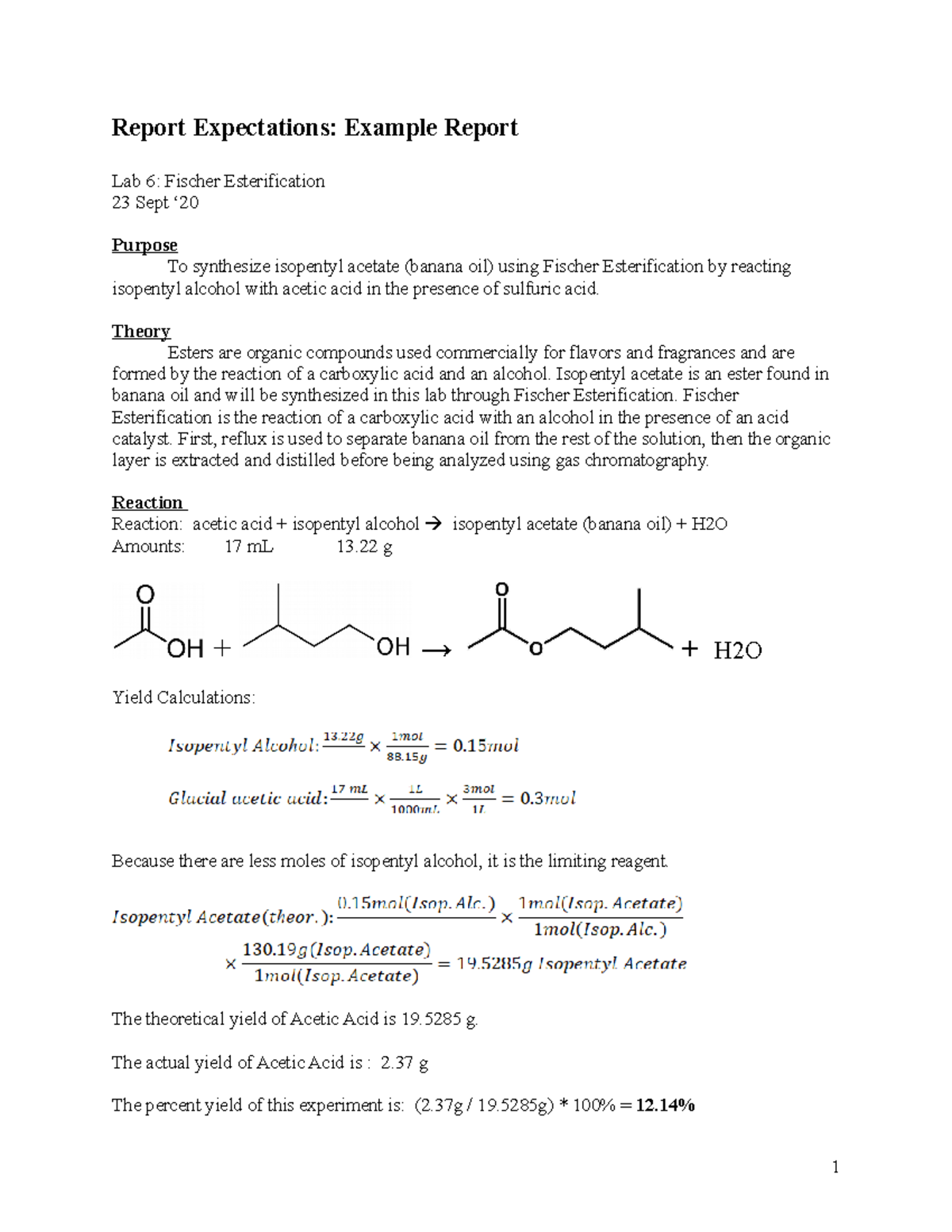 Chem253 Report 6 - Report Expectations: Example Report Lab 6: Fischer Esterification 23 Sept ...
