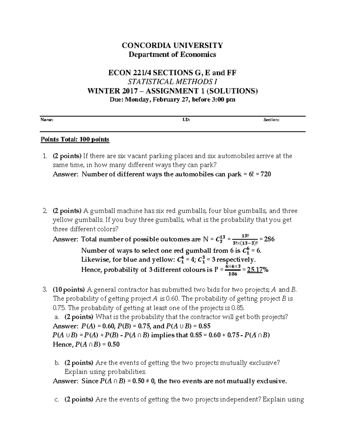 Assignment 1 (Solutions) - W2017 - CONCORDIA UNIVERSITY Department of ...