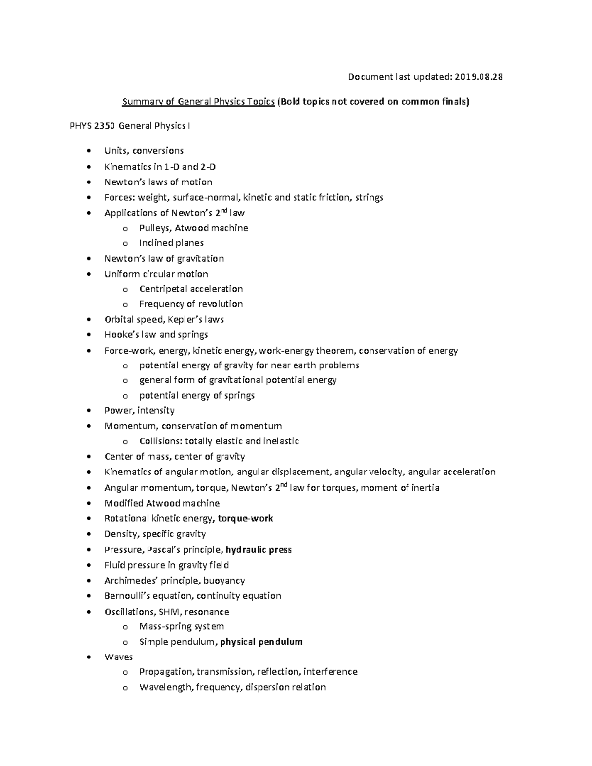Gen phys topics 2350 - Document last updated: 2019. Summary of General ...
