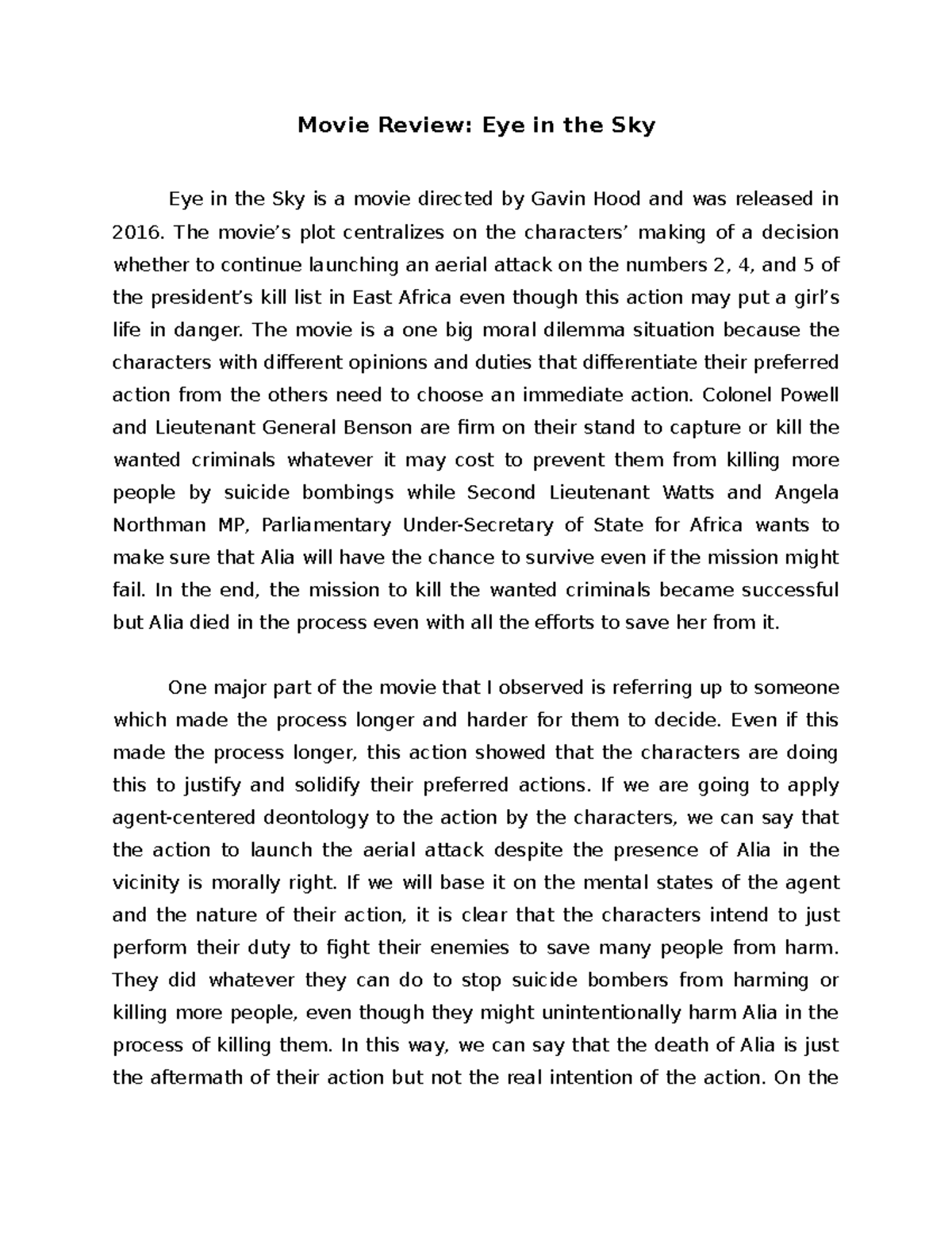 Movie Review - Eye in the Sky - Ethics - Studocu