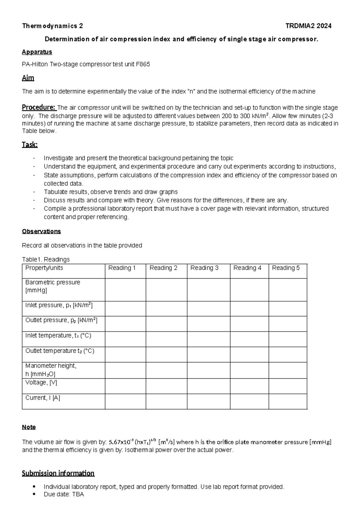 Lab 2 Compressor experiment handout - Thermodynamics 2 TRDMIA2 2024 ...