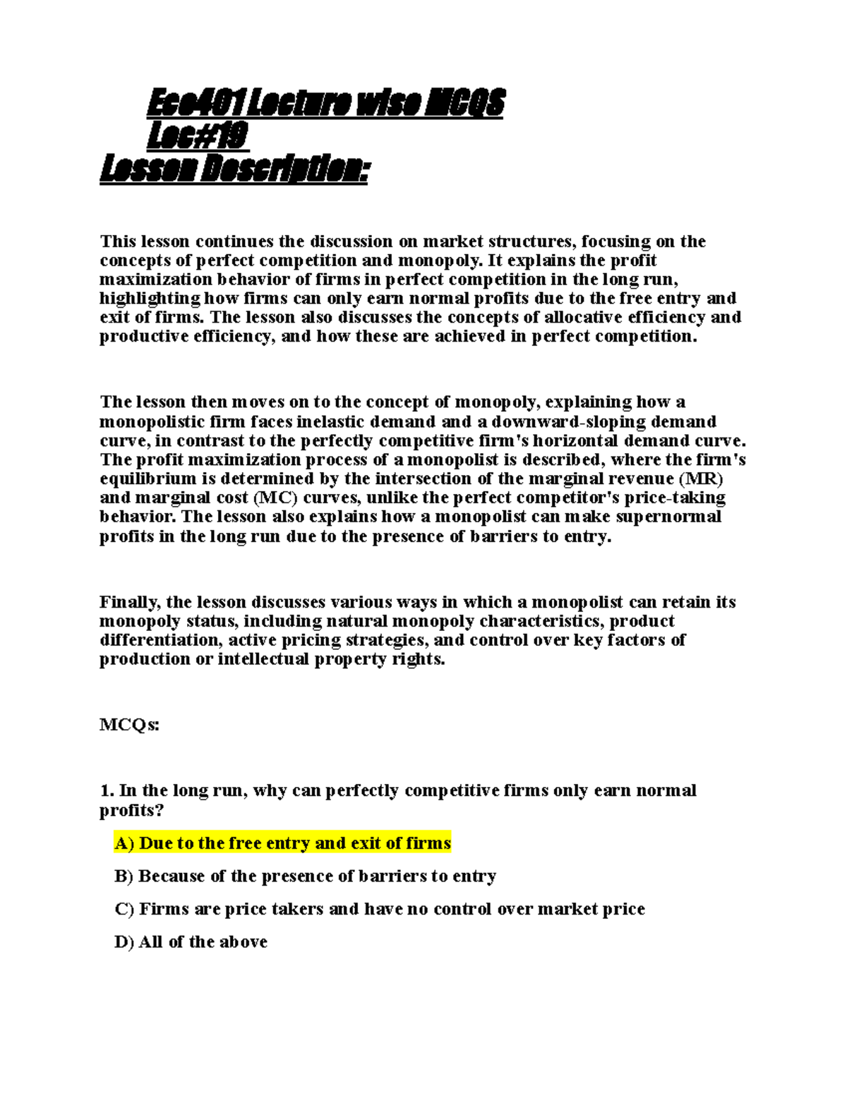 ECO401 19 to 45 Lecturewise MCQS by Queen - Eco401 Lecture wise MCQS ...