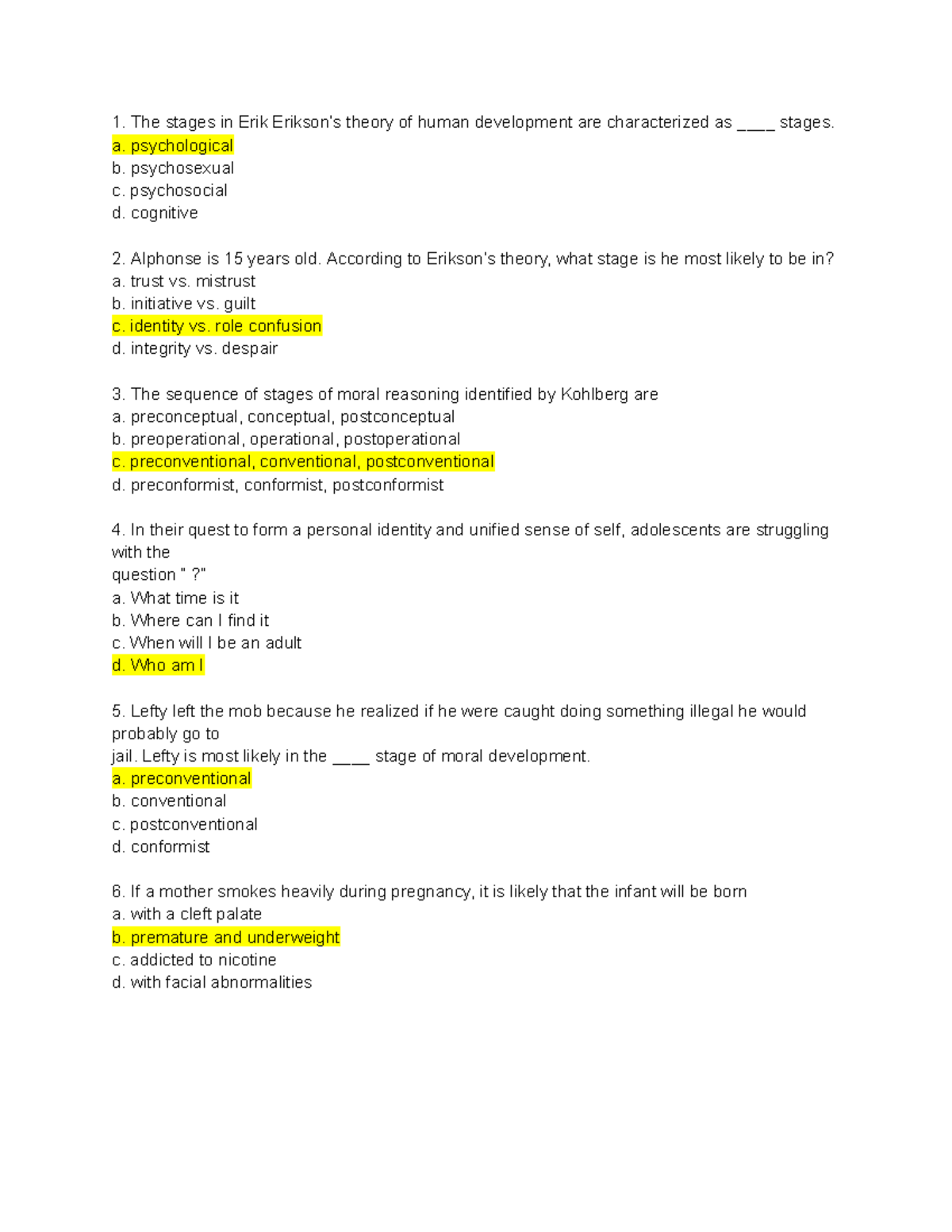 Psych test - Test answers - The stages in Erik Erikson’s theory of ...