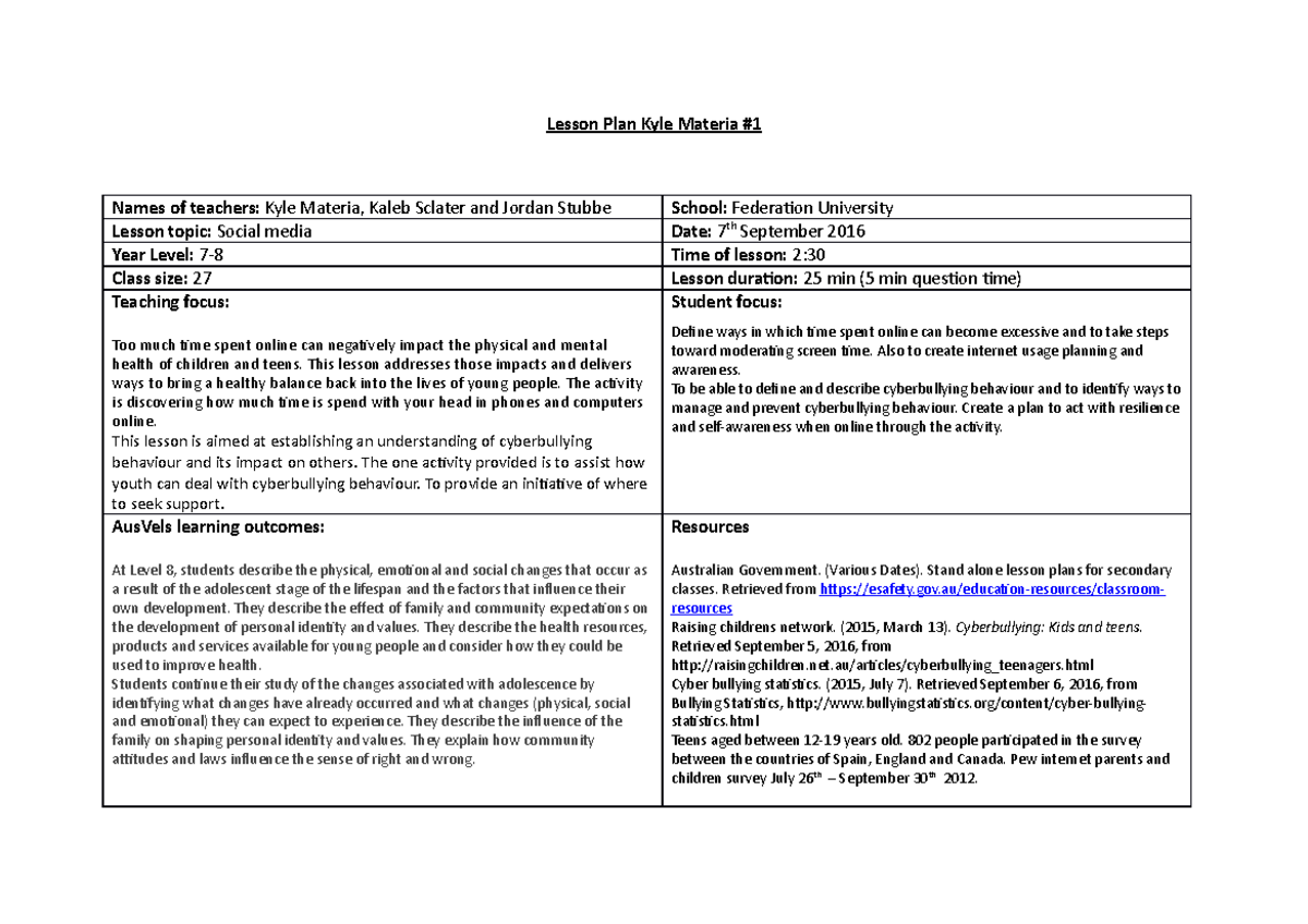 Lesson plan for social media class - Lesson Plan Kyle Materia Names of ...
