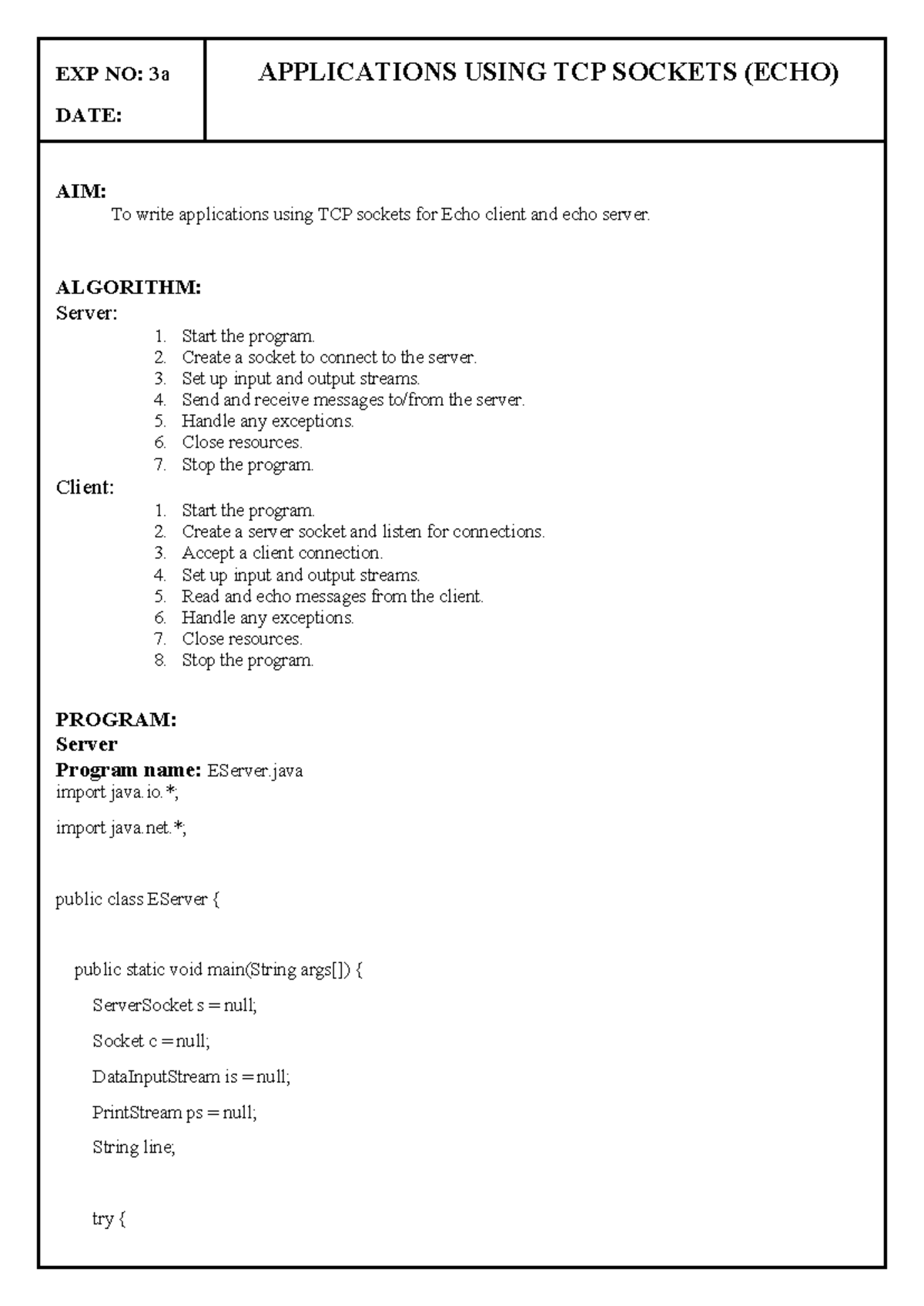 Exp 3 Cn This Is Experiment Of Applications Using Tcp Sockets Like A Echo Client And Exp