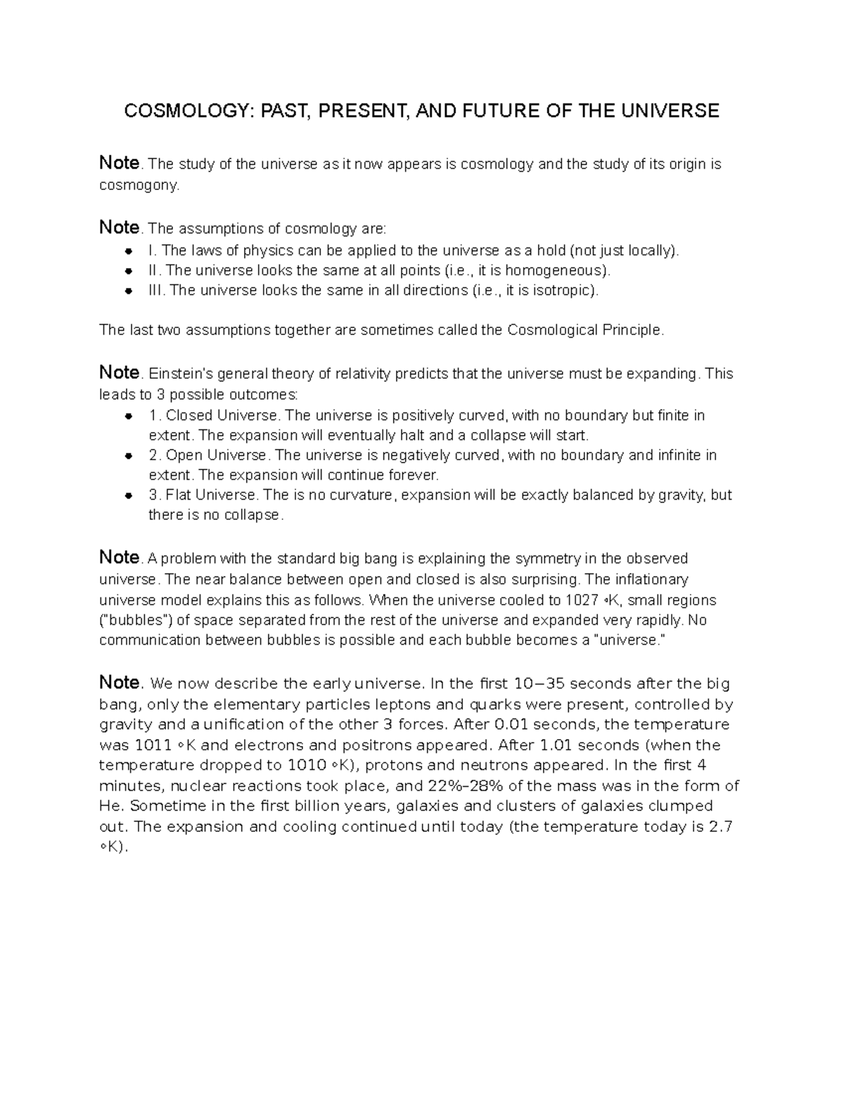 Astronomy Chapter 32 Notes Cosmology Past, Present, and Future of the ...