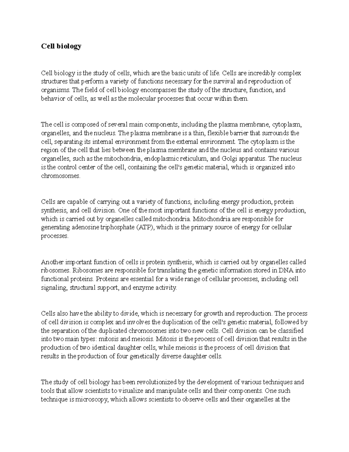 Cell biology - Cell biology Cell biology is the study of cells, which ...