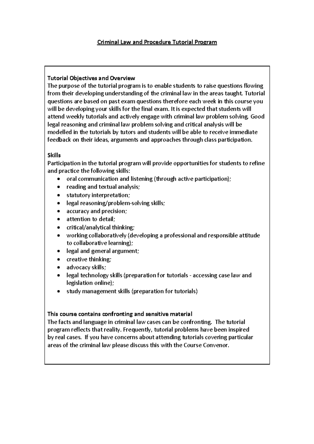 Criminal Law and Procedure - Tutorial Programme - Criminal Law and ...