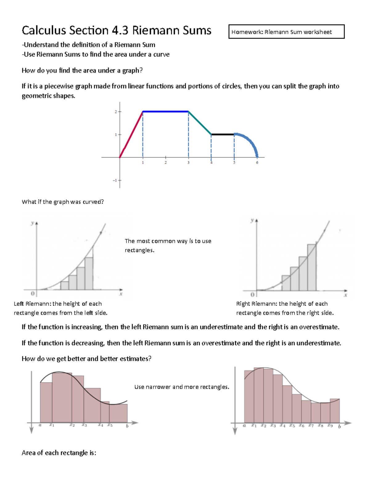 AP Calc AB Reimann Sums Worksheet - Calculus Sec*on 4 Riemann Sums ...