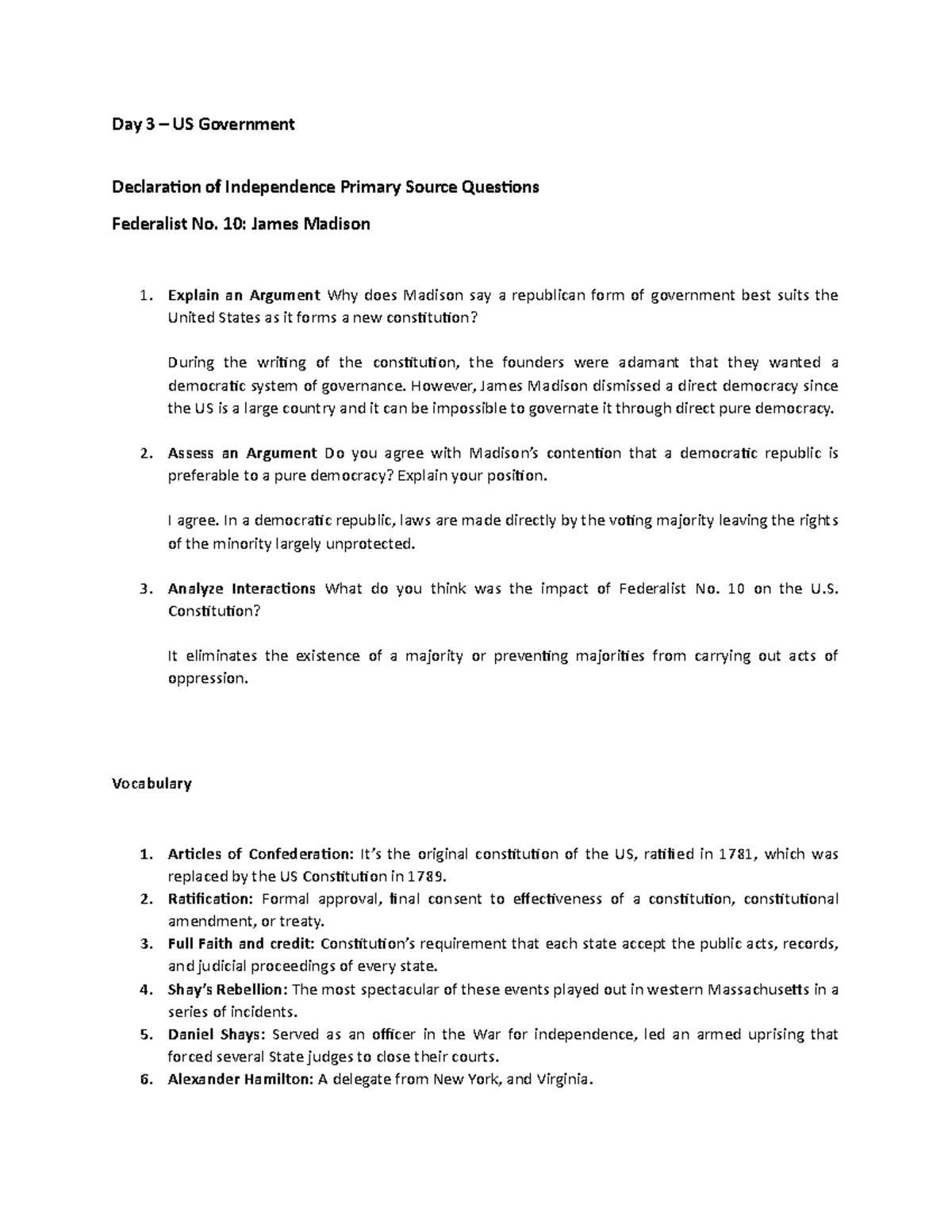 Day 3 - Principles of Government - Day 3 – US Government Declaration of ...