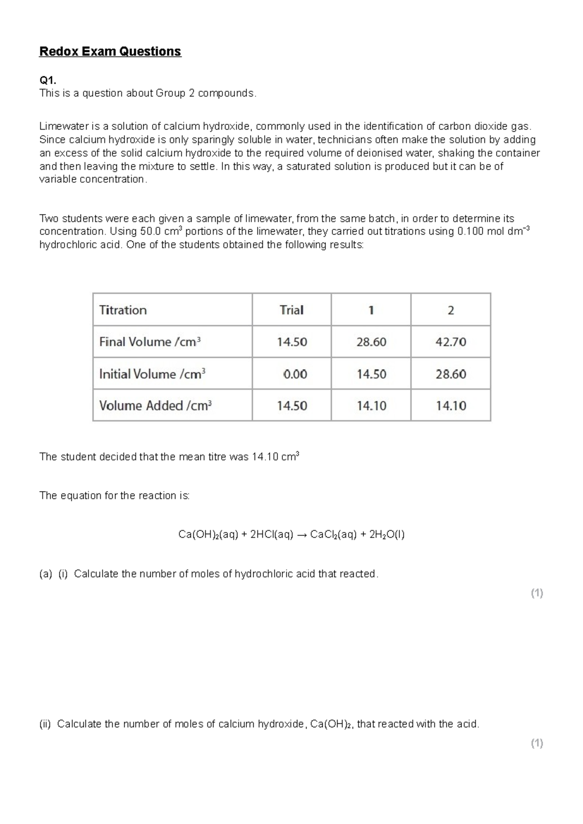 Redox-Titrations Exam questions - Redox Exam Questions Q1. This is a ...