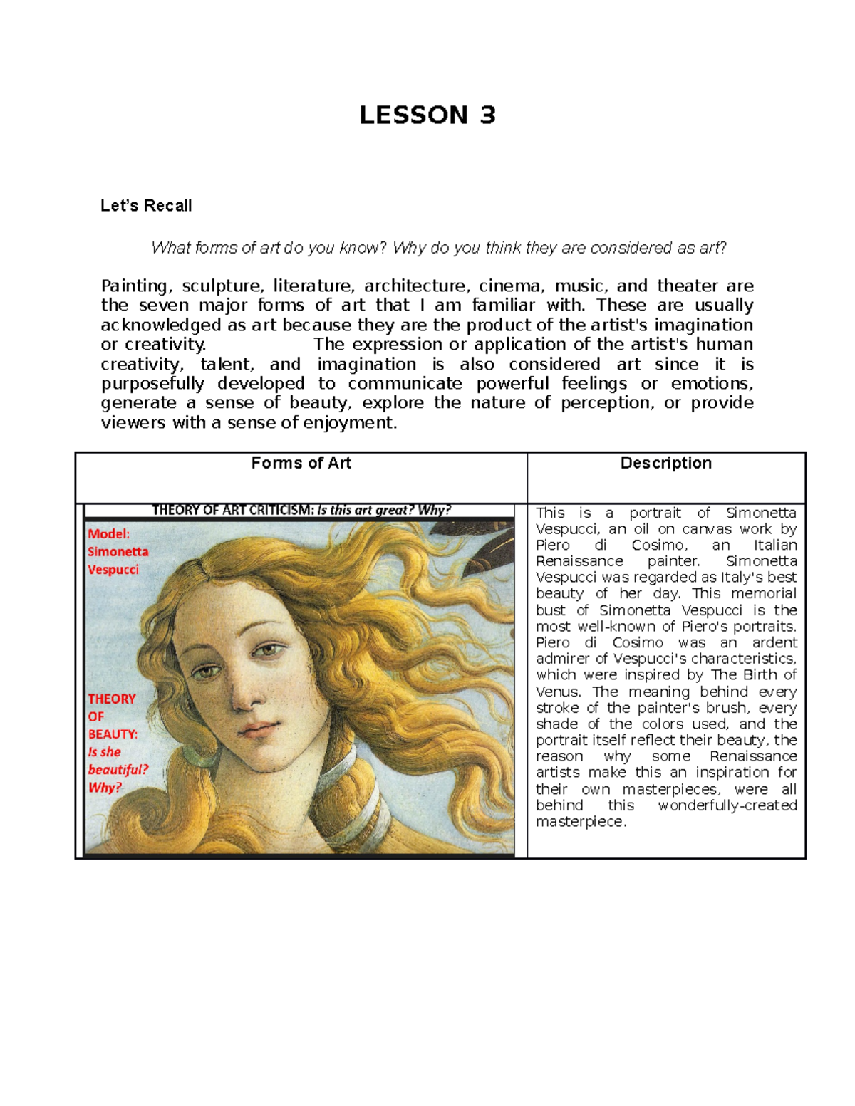 Arts Appreciation Lesson 3 lecture about forms of art and functions of art - LESSON 3 Let’s ...