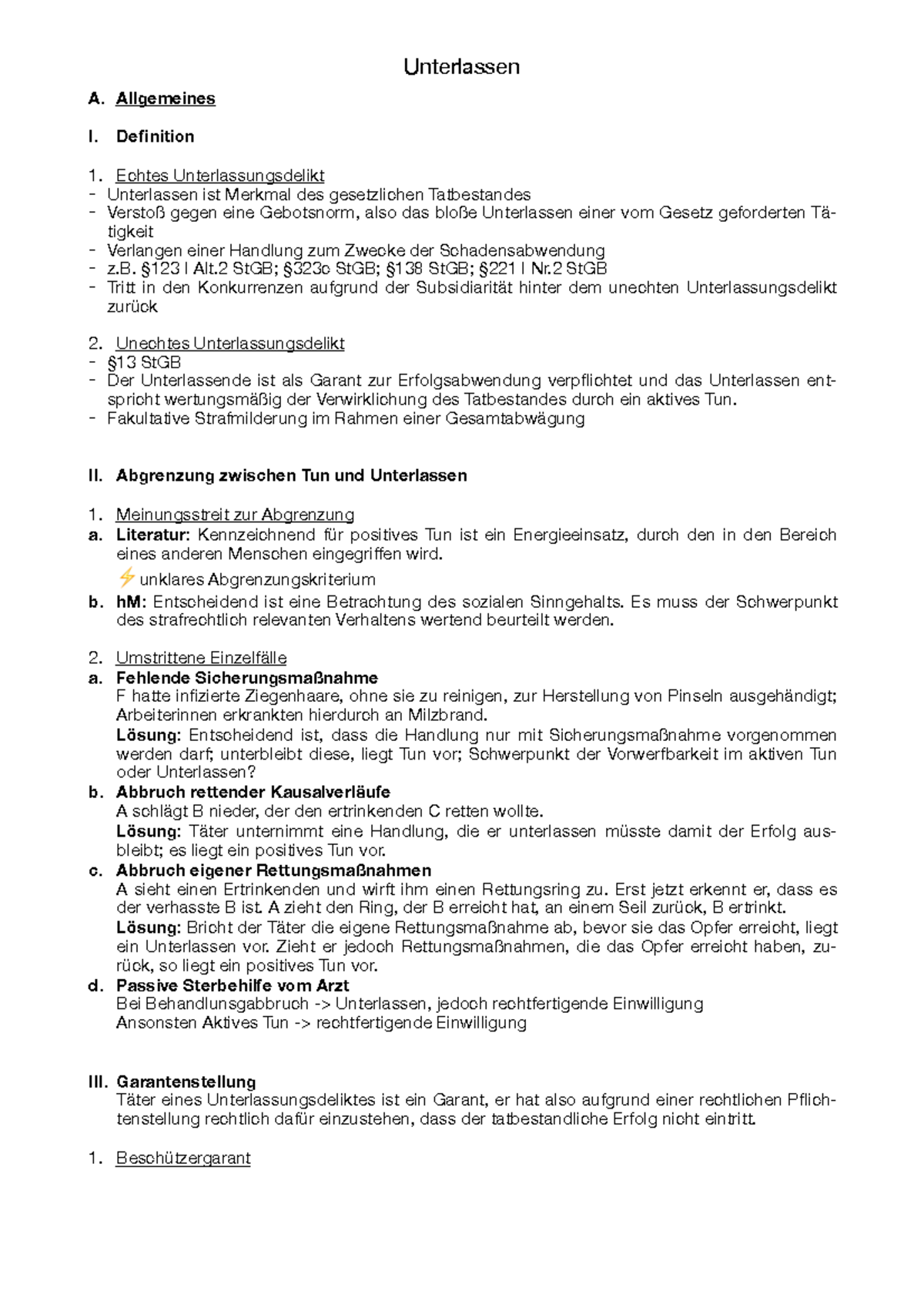 Das Unterlassen - A. Allgemeines I. Definition Echtes ...