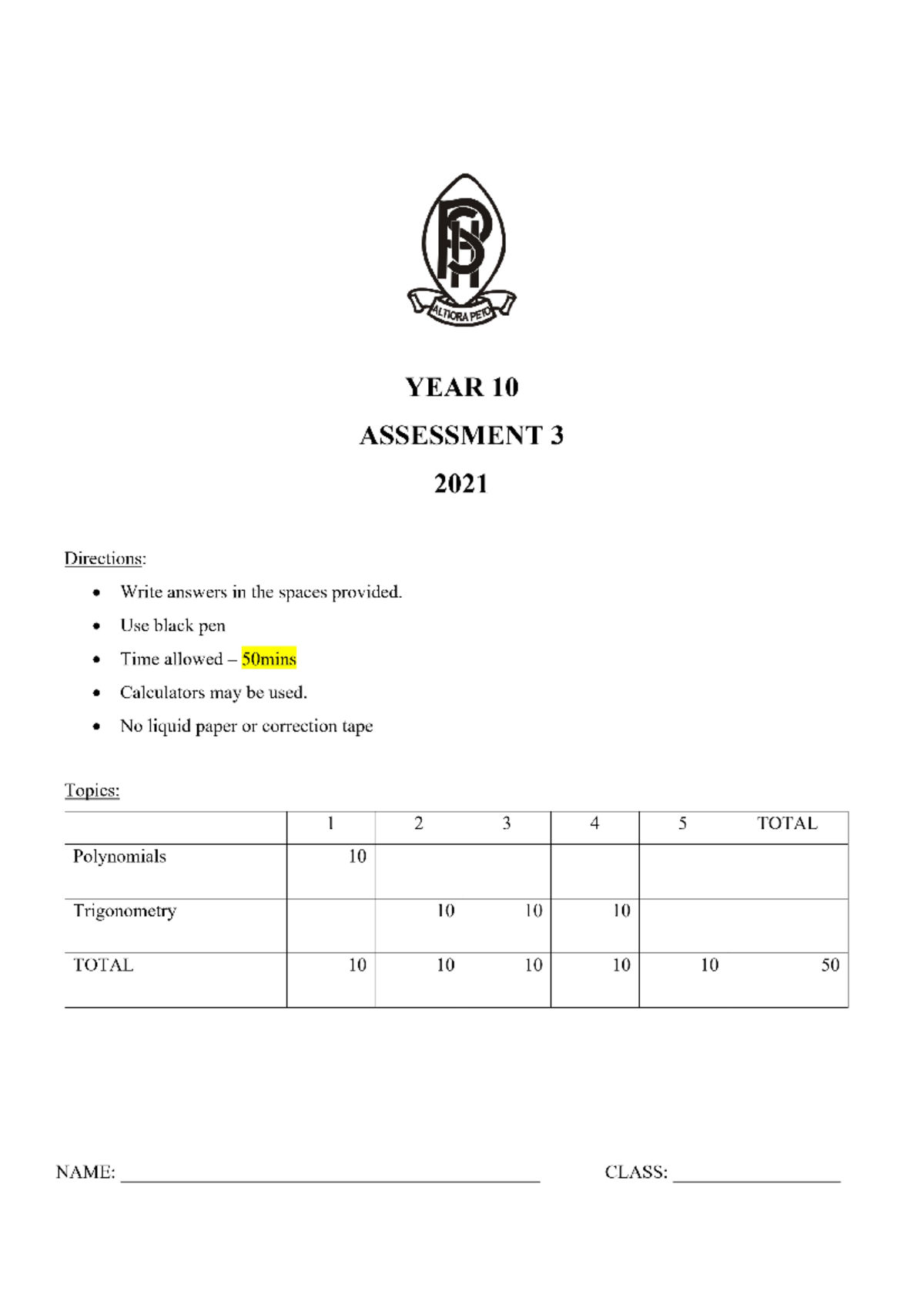 Yr 10 polynomial and trigonometry past paper - S ALTIORAPETO YEAR 10 ...