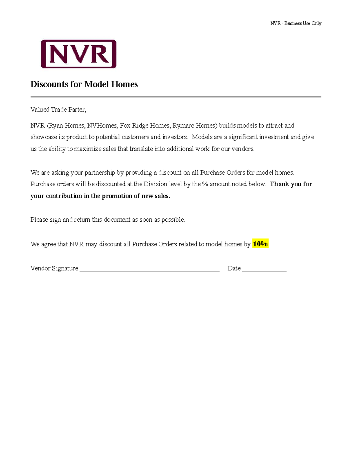 NVR -Ryan Homes - Letter for Model Home Discounts - NVR - Business Use ...